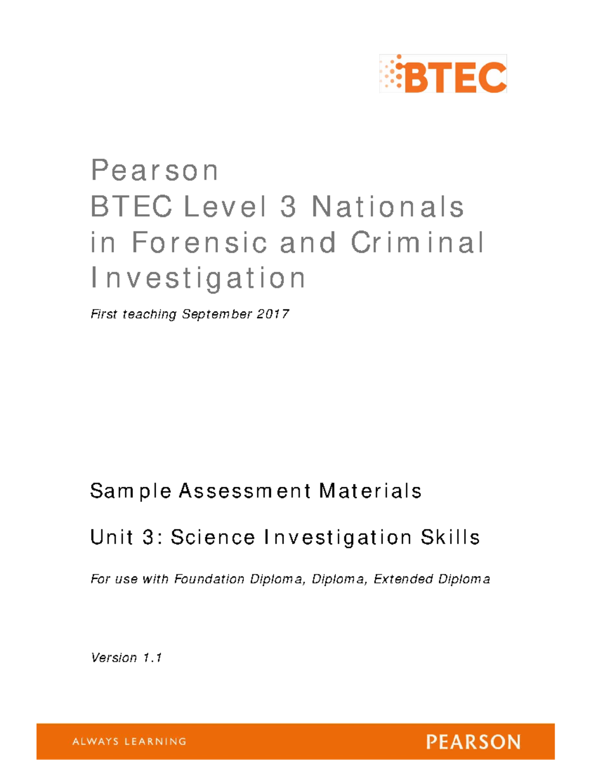 BTEC Level 3 Forensic & Criminal Investigation Unit 3: SAMs for Science ...