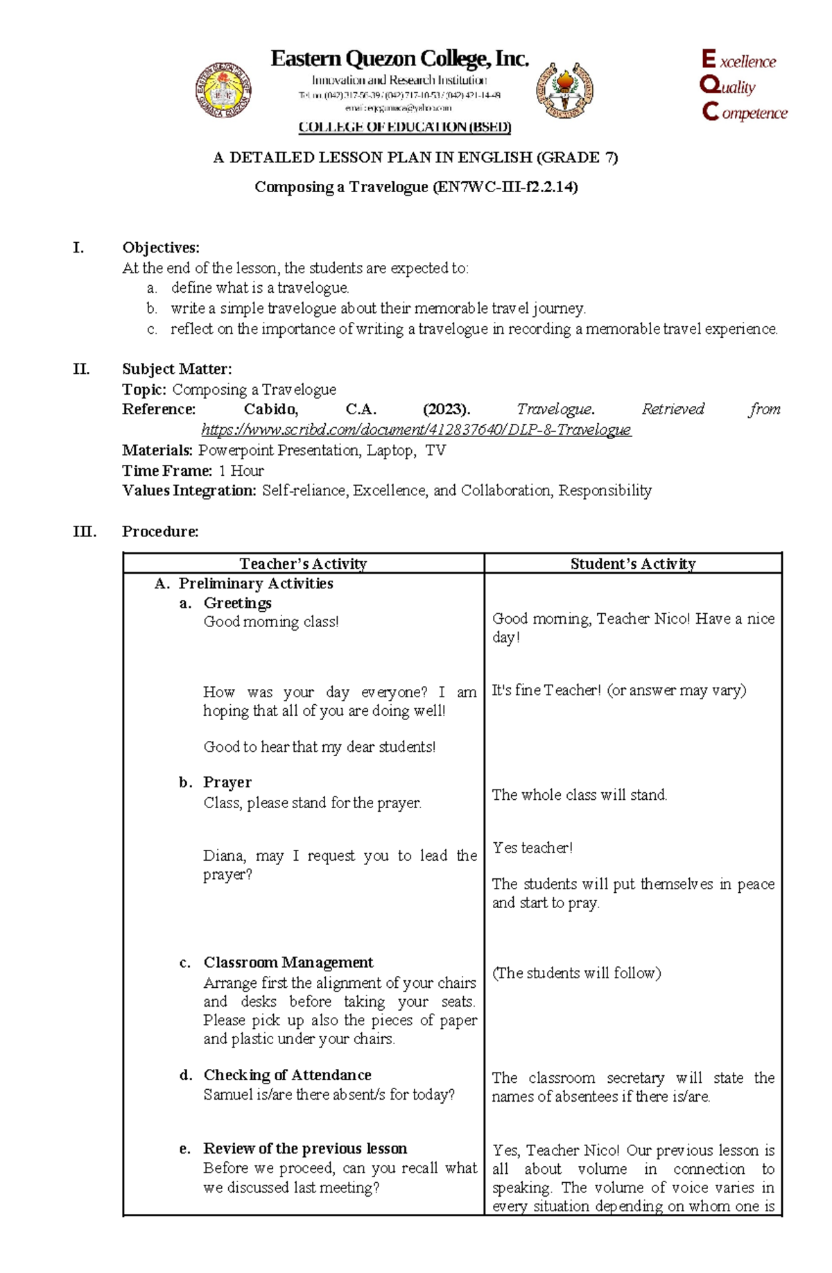 Lesson Plan: Composing a Travelogue (EN7WC-III-f2.2) - Studocu