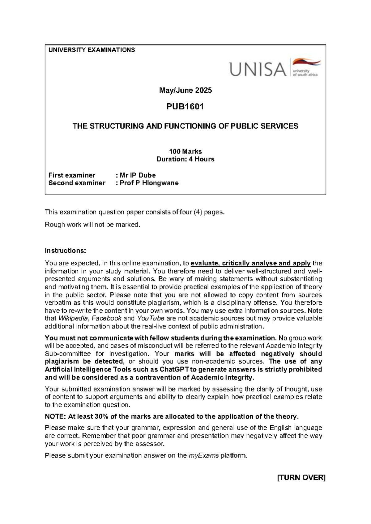 PUB1601 Final Exam: Structuring & Functioning of Public Services 2025 ...