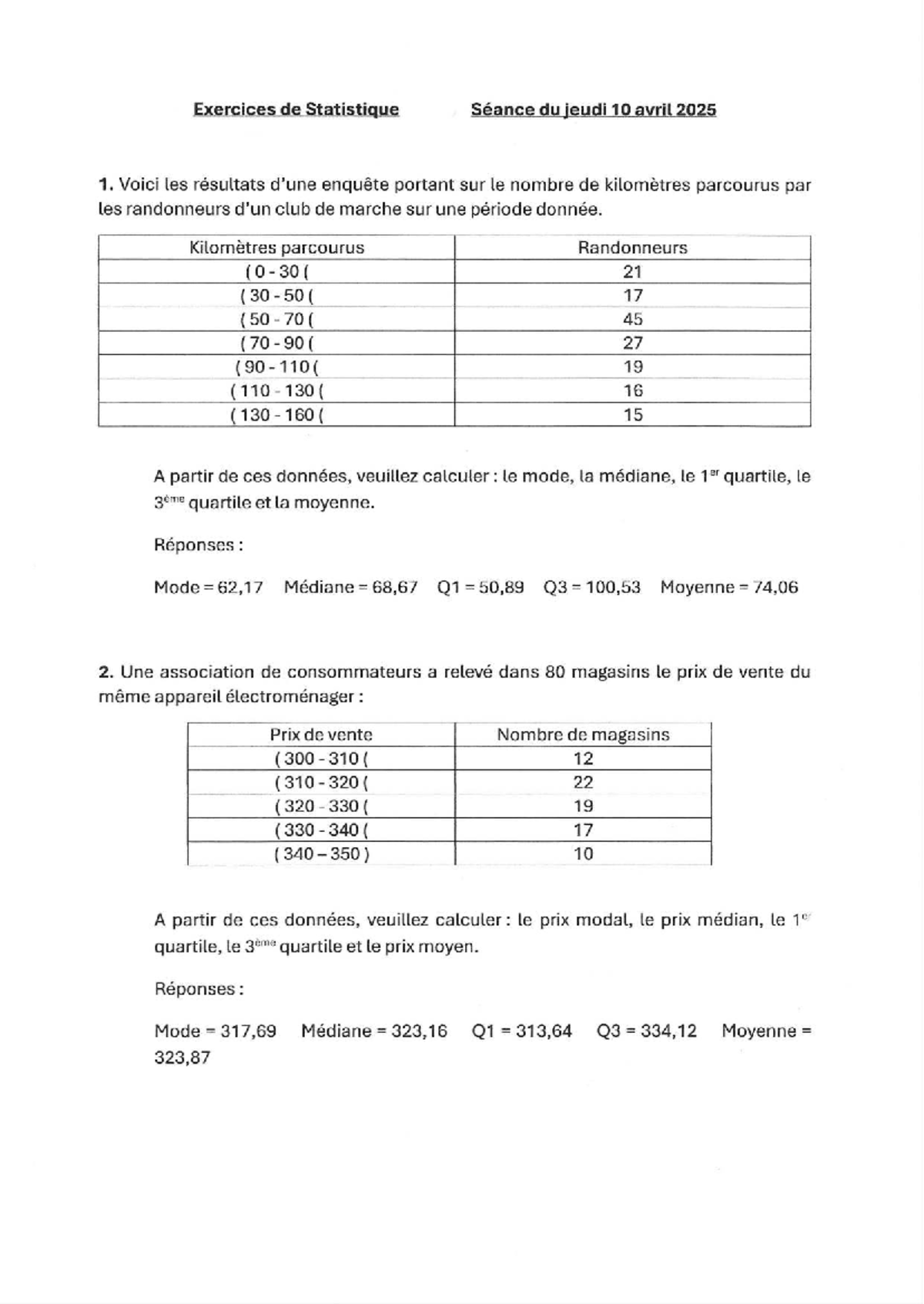 Exercices de Statistique - Résultats d'Enquête et Calculs - Studocu
