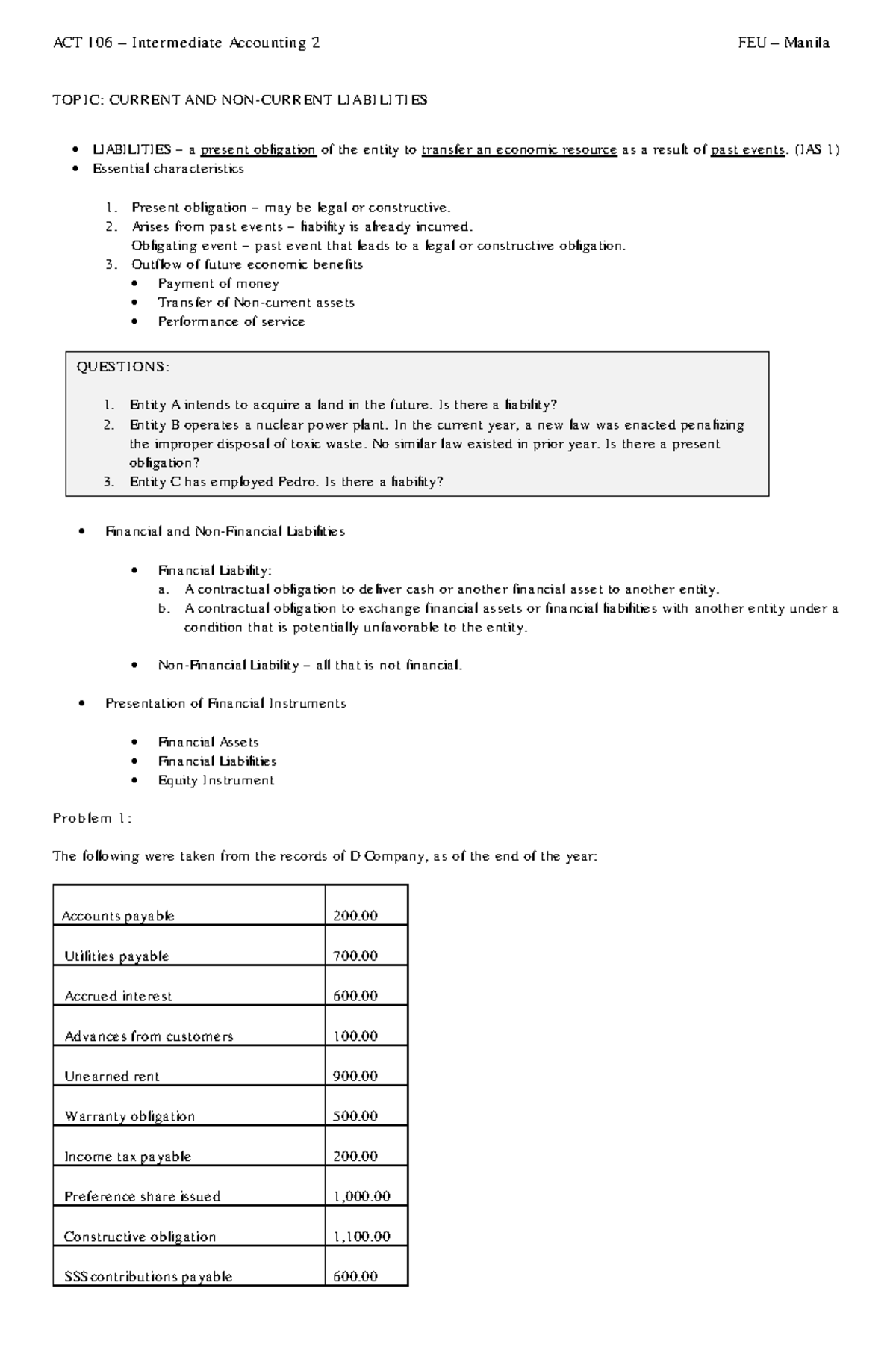 ACT 106 Intermediate Accounting 2 FEU Manila: Current and Non-Current ...