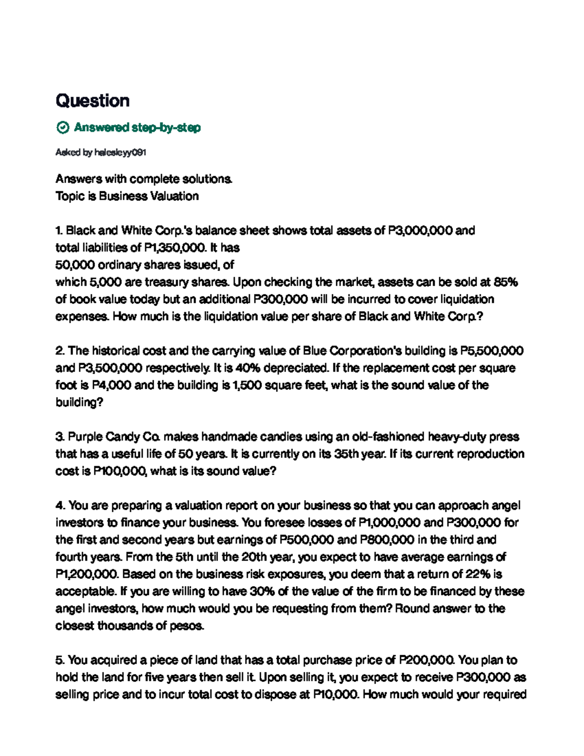 Solved Answers with Complete Solutions: Business Valuation (ACNTG ...