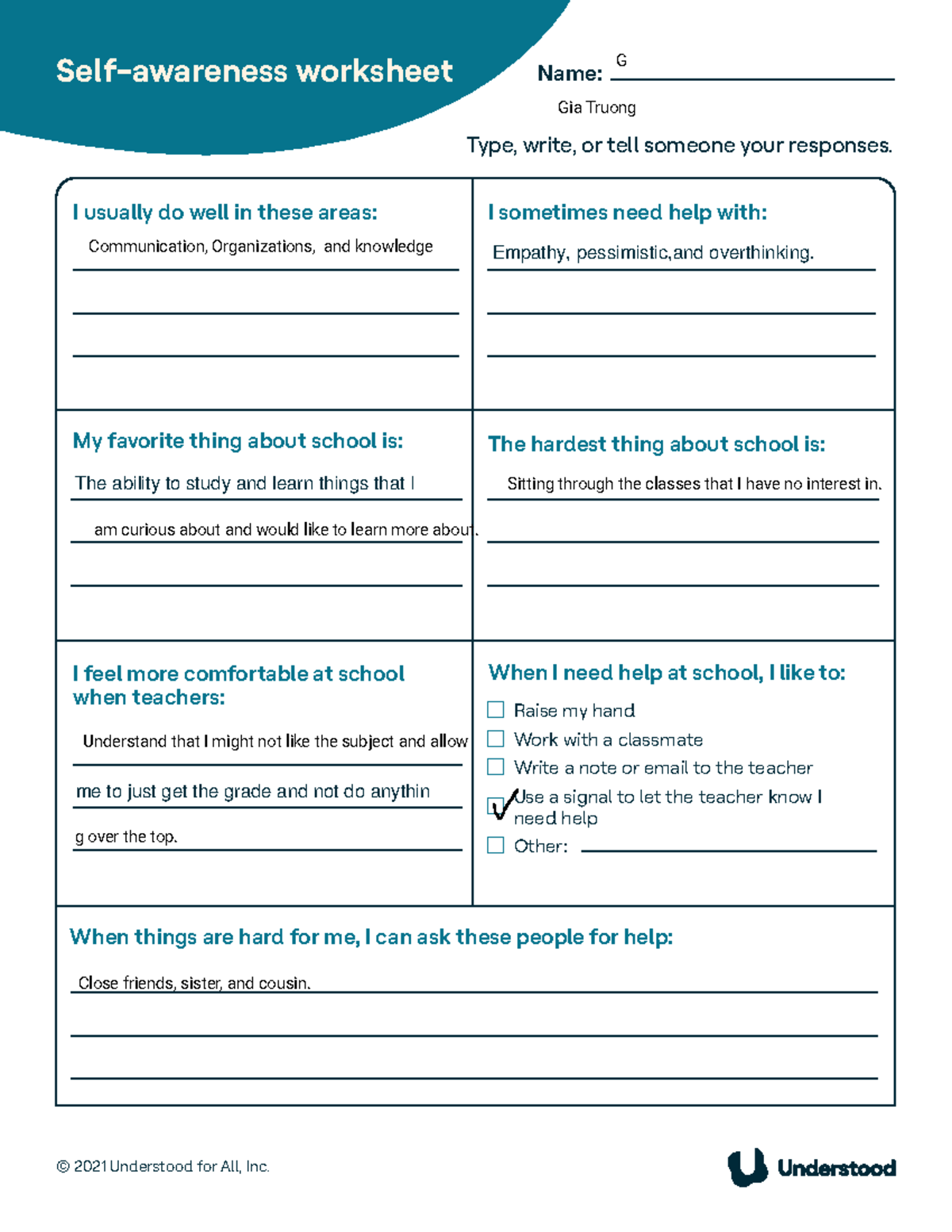 Self Awareness Worksheet - G Gia Truong (2021) - Studocu