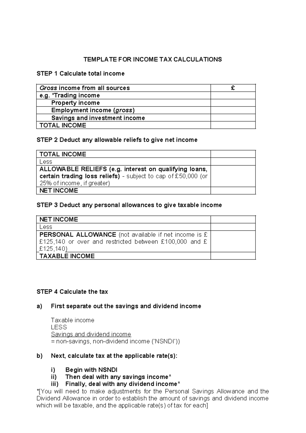 Income tax template - TEMPLATE FOR INCOME TAX CALCULATIONS STEP 1 ...