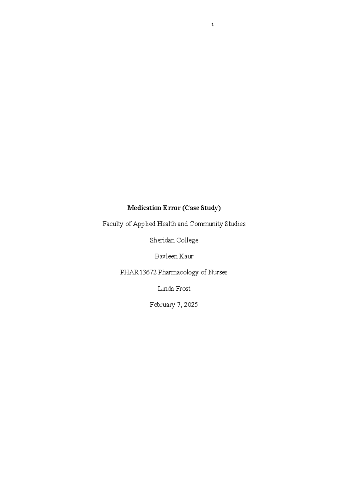 Med error - assignments - CoCover Page Title: Medication Error Case ...
