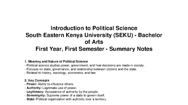 Introduction to Political Science SEKU BA 1st Year Summary Notes - Studocu