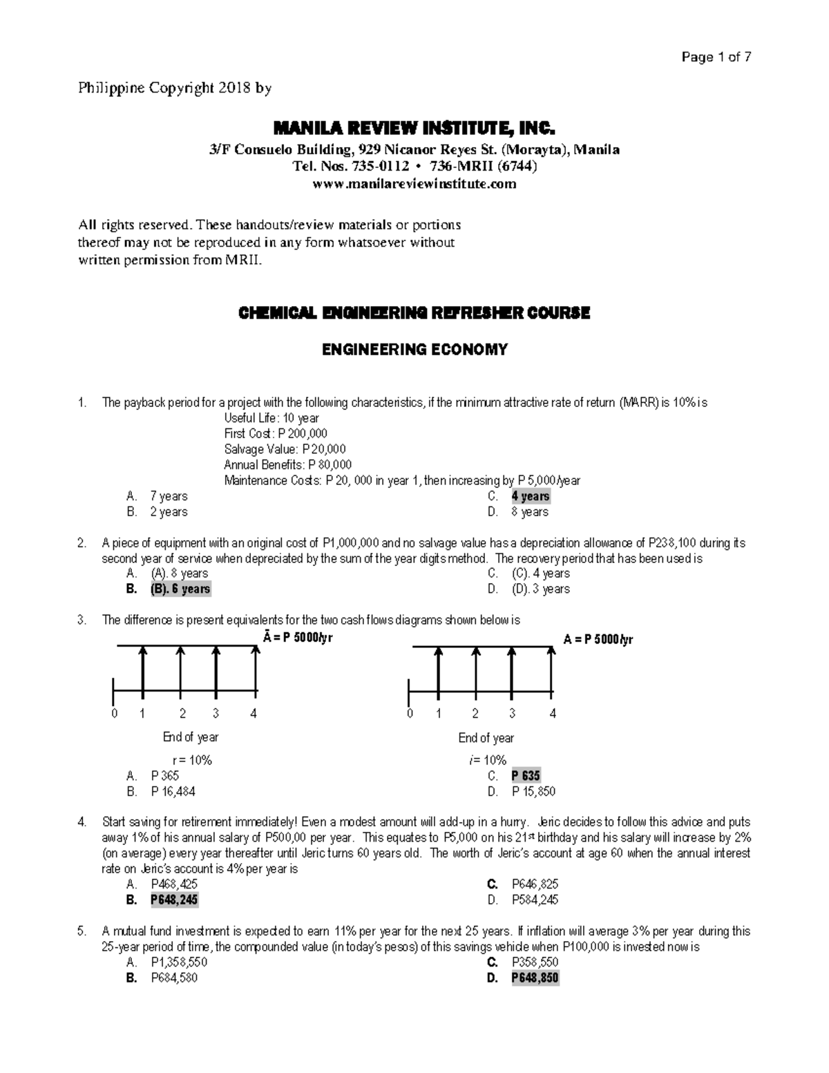 Engineering Economy Batch I - Final Exam Review Nov 2018 - Studocu
