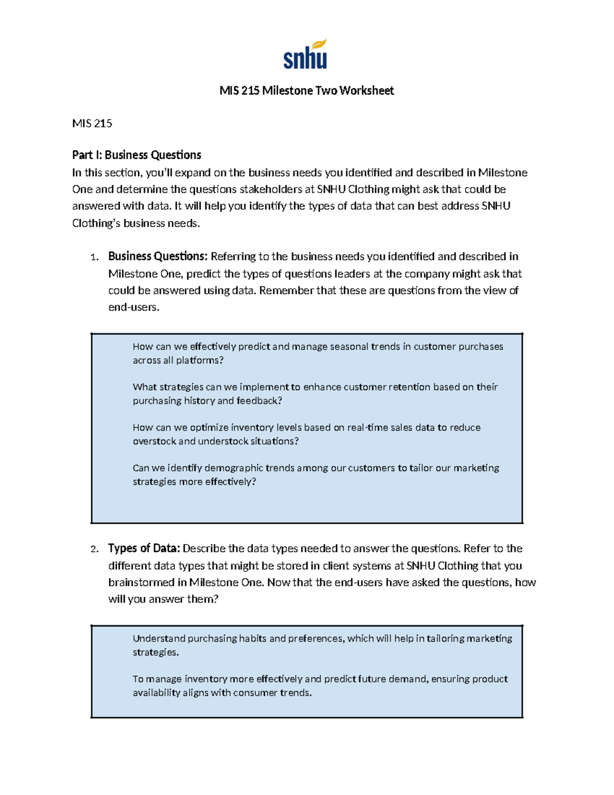 MIS 215 Milestone Two: Addressing SNHU Clothing’s Data Needs - Studocu