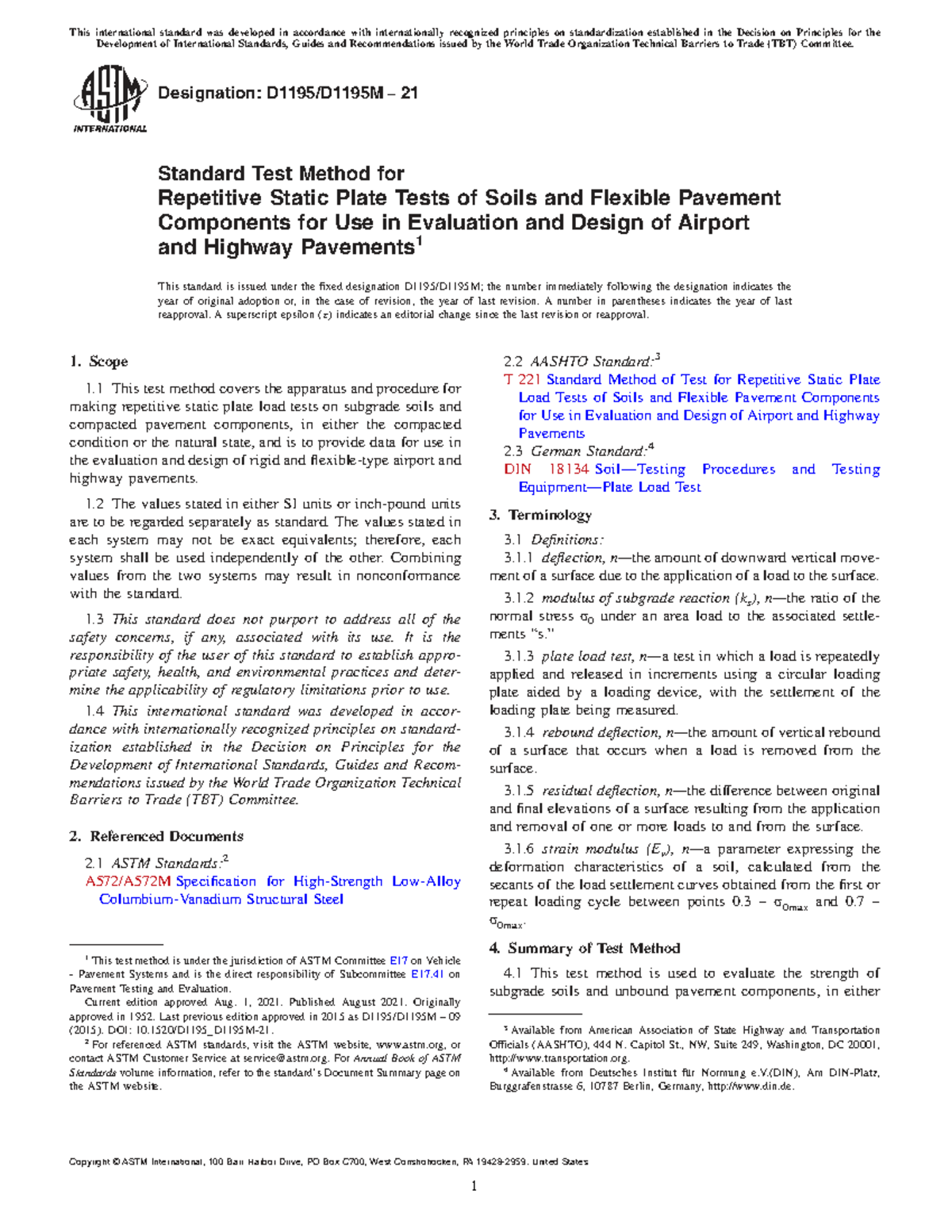ASTM D1195-21 Standard Test Method for Repetitive Static Plate Load ...
