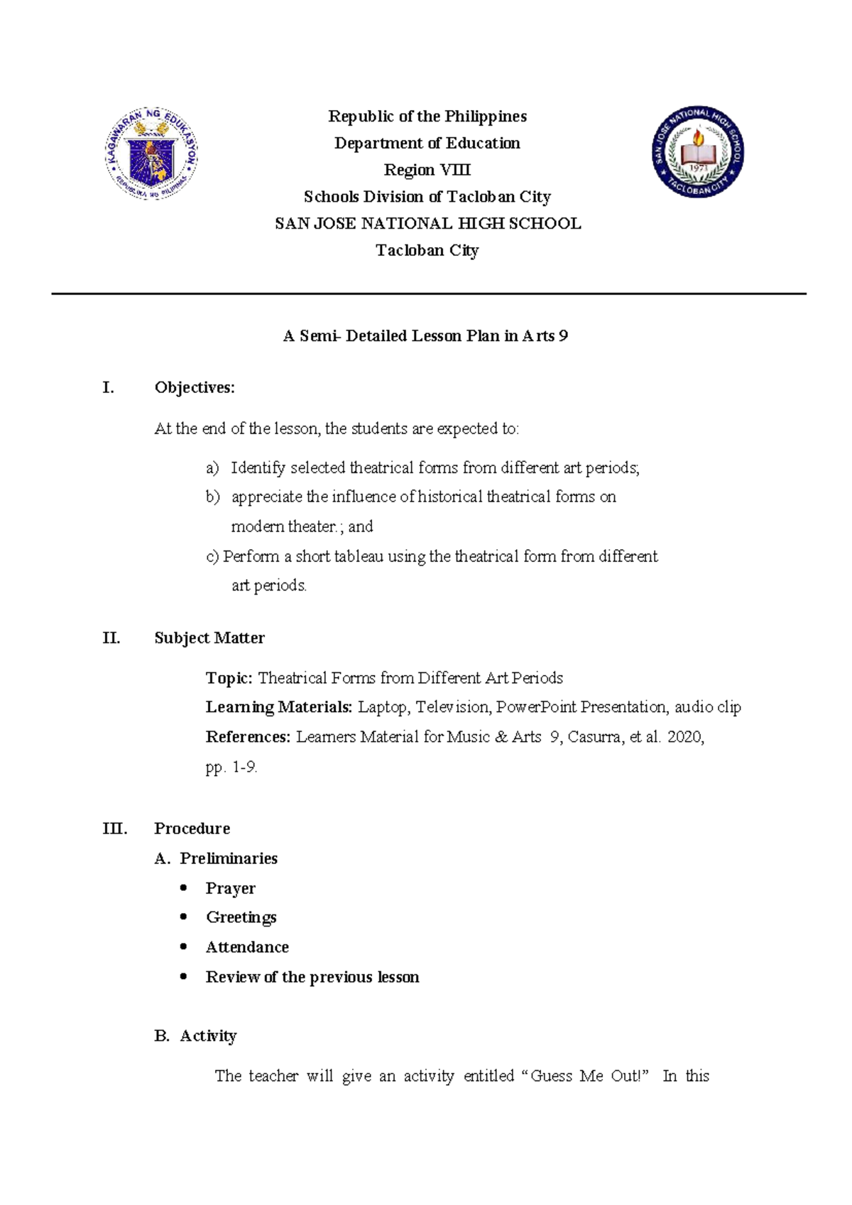 LP ARTS 9 Theater - Lesson Plan in Arts - Republic of the Philippines ...