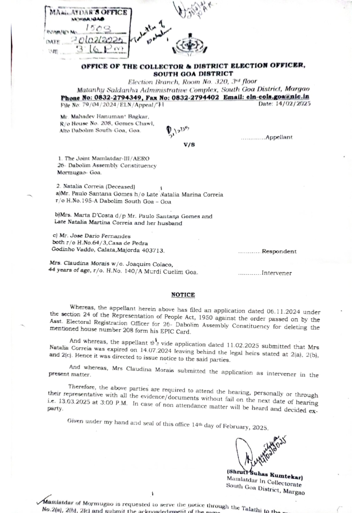 OFFICE 1503 INWAND Mo - Notice of Hearing for Dabolim Assembly Case ...
