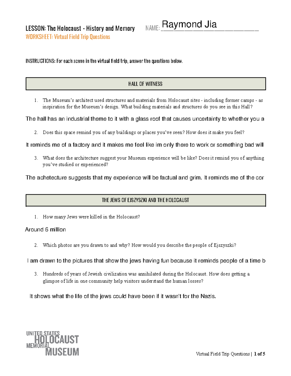 LESSON: Holocaust History & Memory - Virtual Field Trip Questions - Studocu