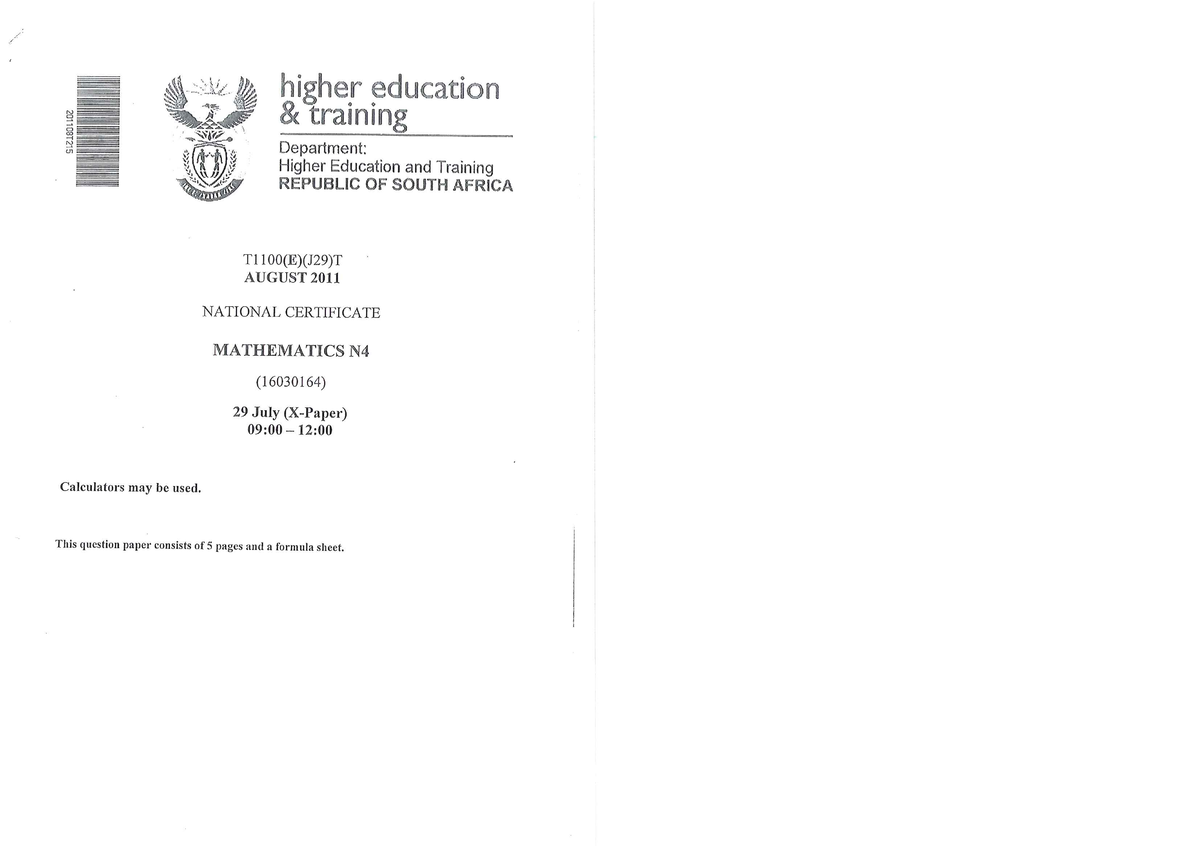 Mathematics N4 X Paper Jul 2011 - higher education training Department ...