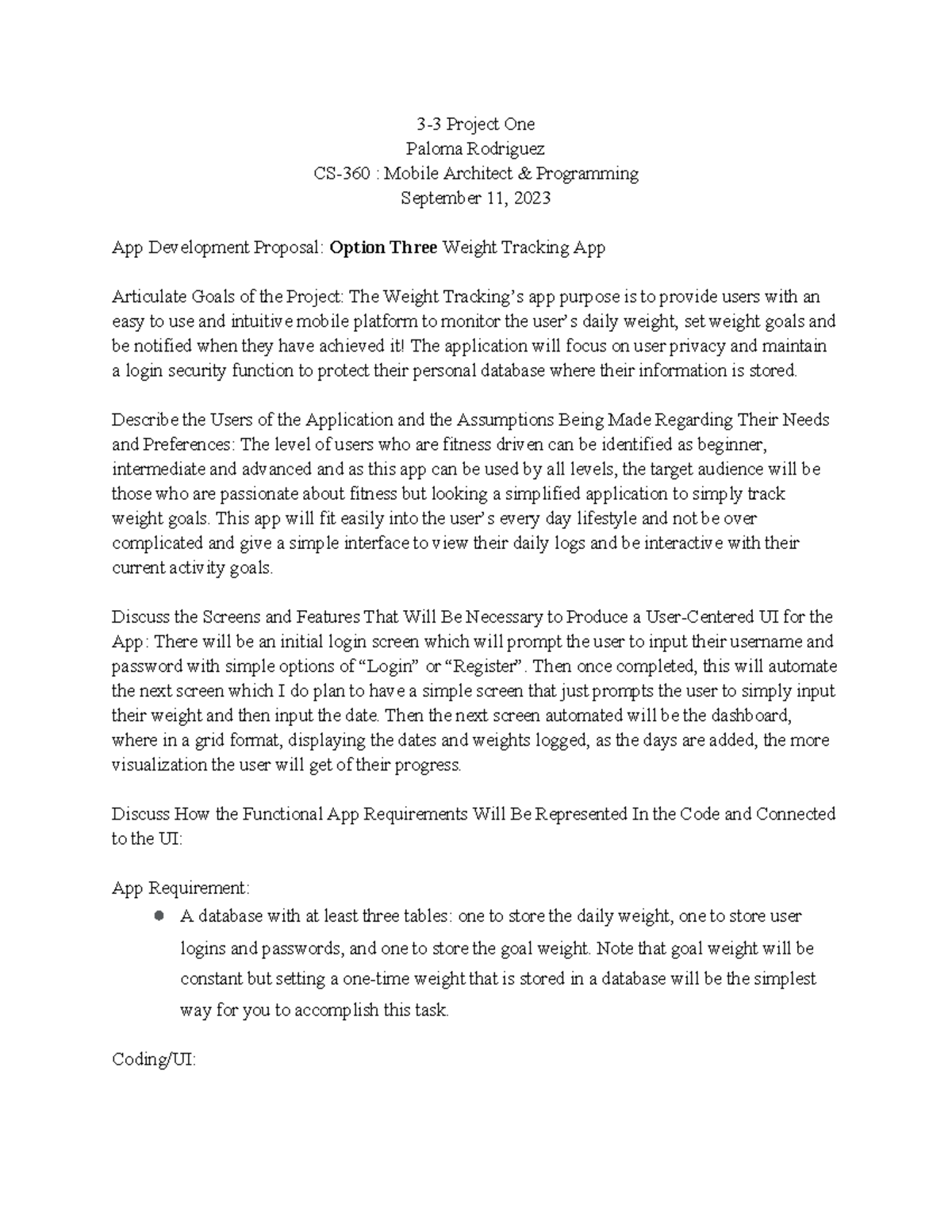 CS360 3-3 Project One: Weight Tracking App Development Proposal - Studocu