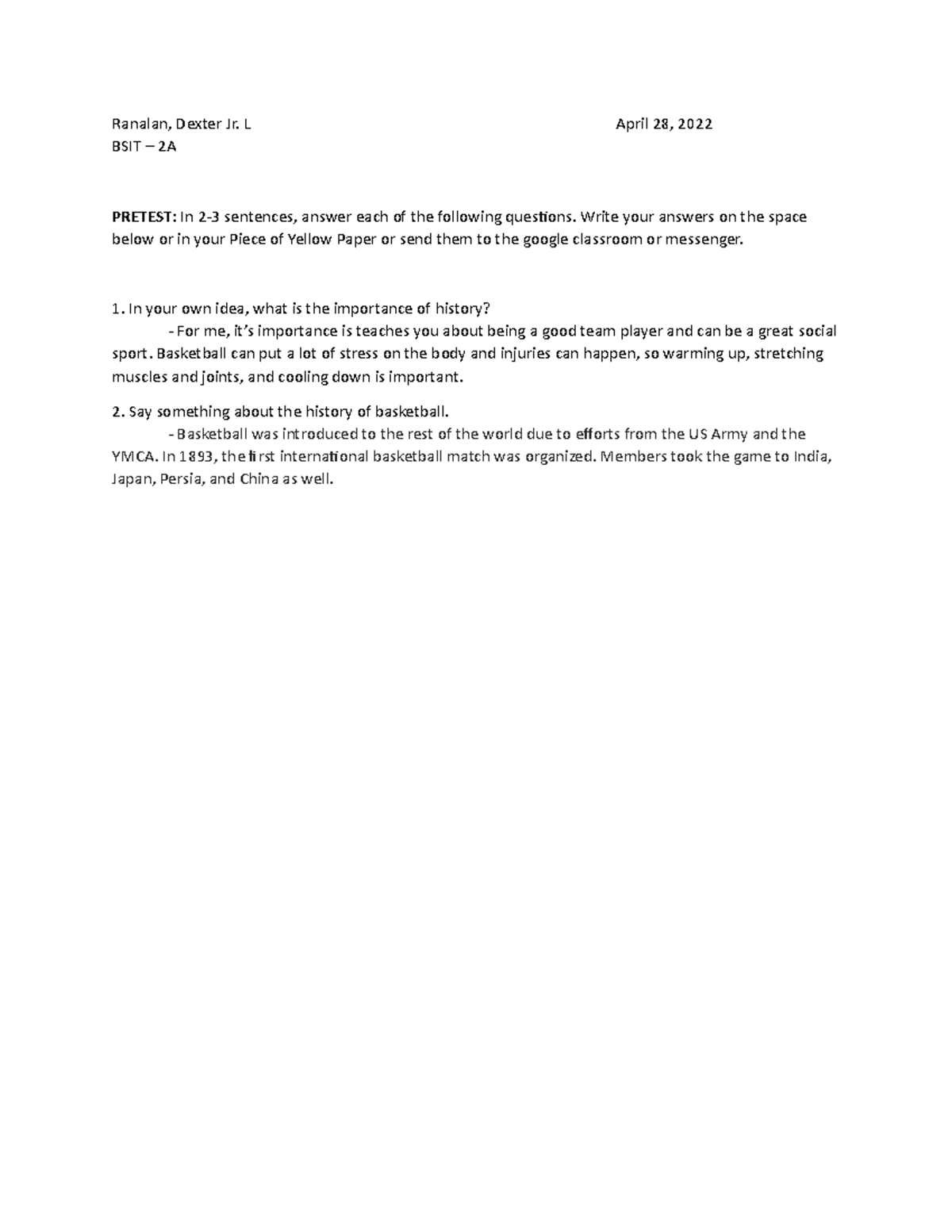 Basketball Pre test sel evaluation and Post test - Ranalan, Dexter Jr ...