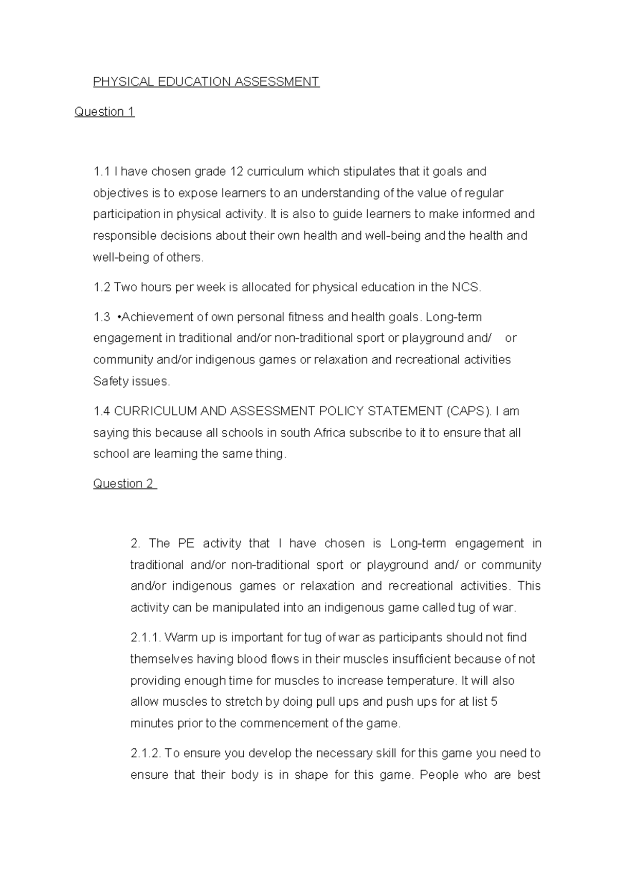 Physical Education Assessment: Grade 12 Curriculum Overview and ...