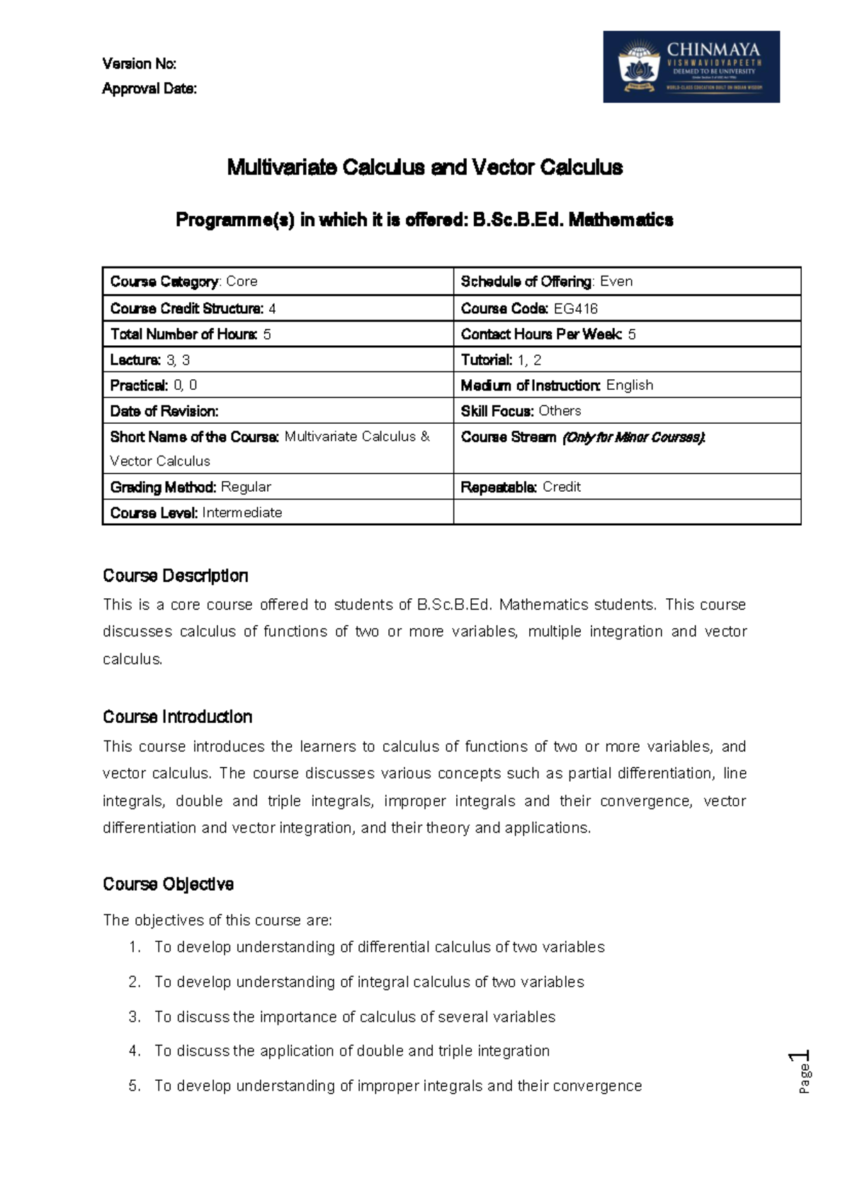 EG416 Multivariate & Vector Calculus Course Overview - Studocu