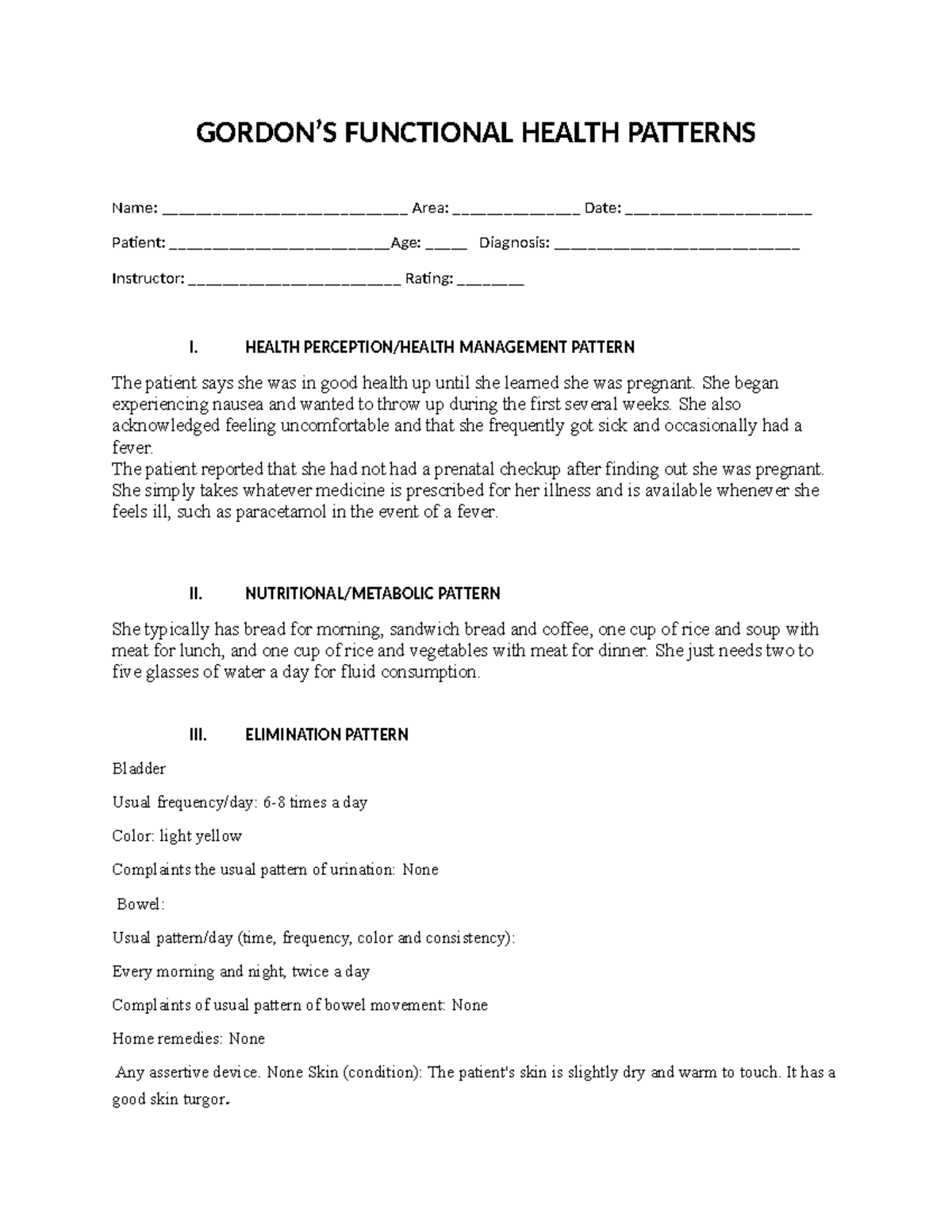 Gordon - GORDON’S FUNCTIONAL HEALTH PATTERNS Name ...