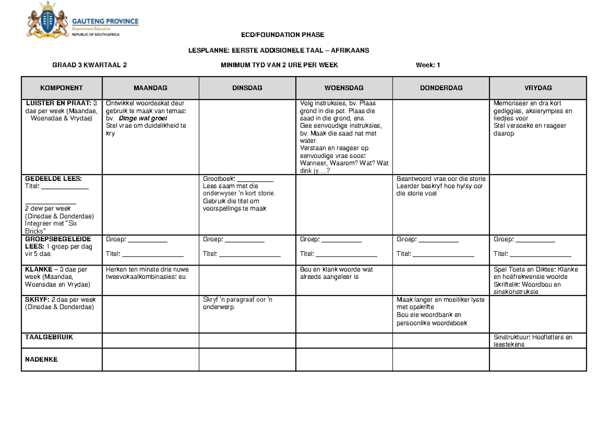Lesplanne AFAL Graad 3 Kwartaal 2: Week 1-10 Activiteite - Studocu