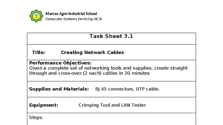 Marcos School Computer Systems Servicing NC II Task Sheet 3.2: Creating ...
