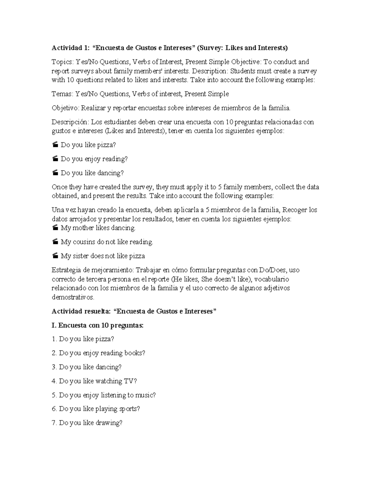 Actividad 1: Encuesta sobre Gustos e Intereses (Survey on Likes) - Studocu
