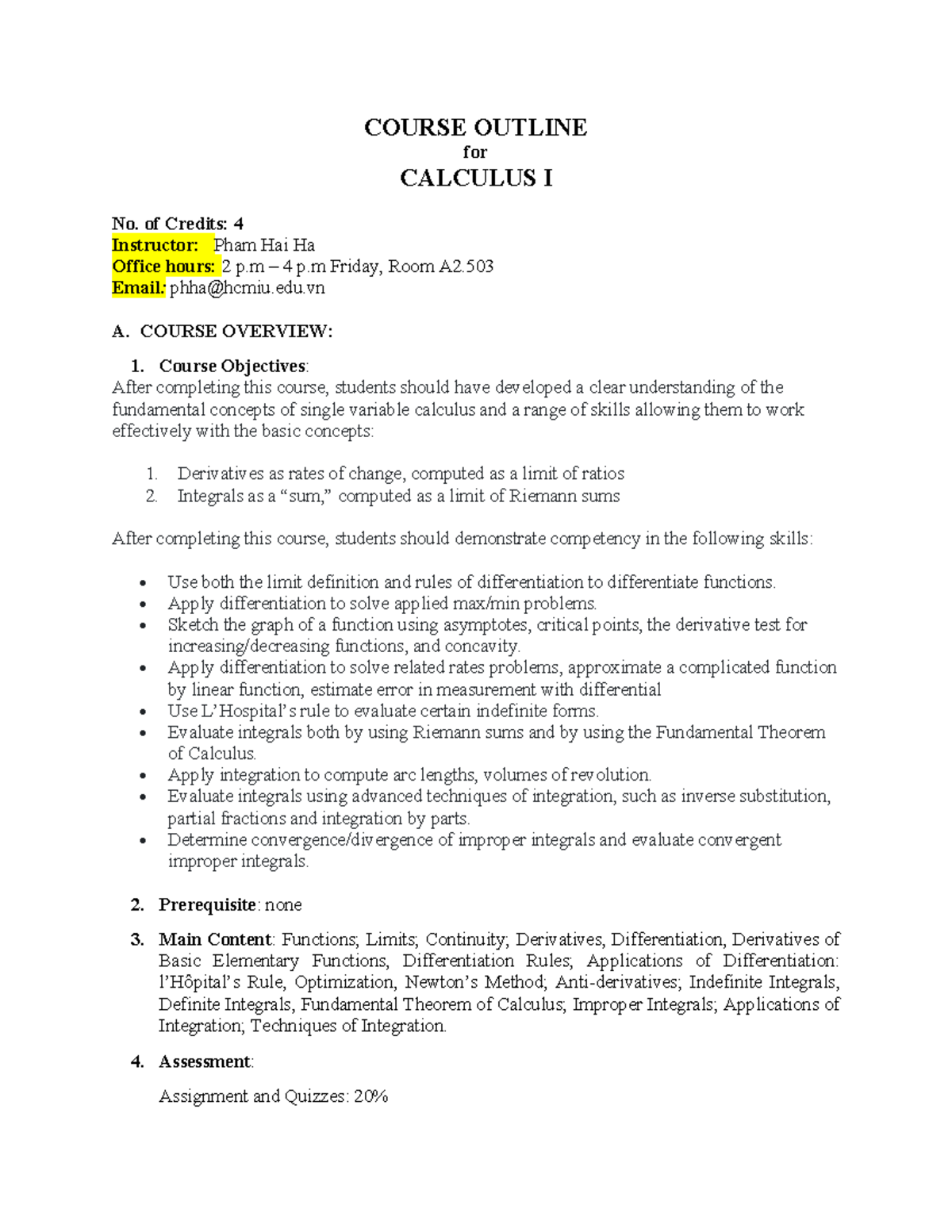 CAL1 Syllabus Sem 233 - Calculus I Course Overview & Assessment - Studocu