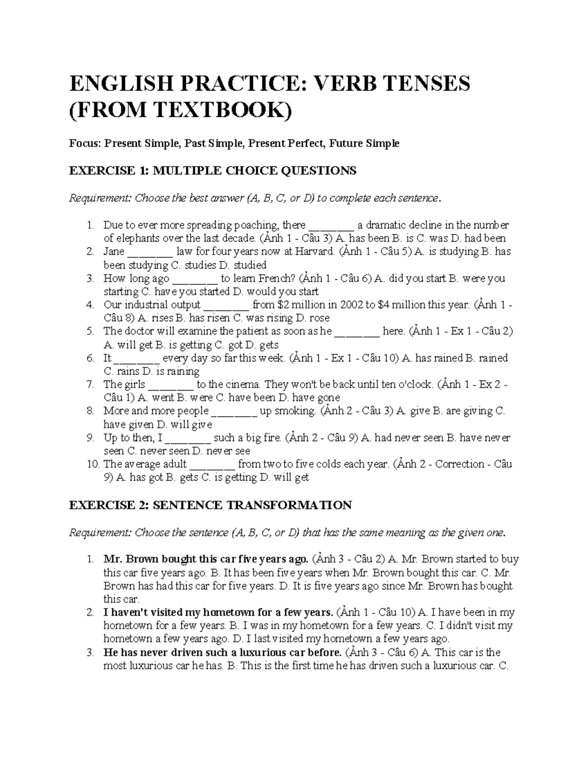 ENGLISH PRACTICE: VERB TENSES EXERCISES FOR GRADE 12 - Studocu