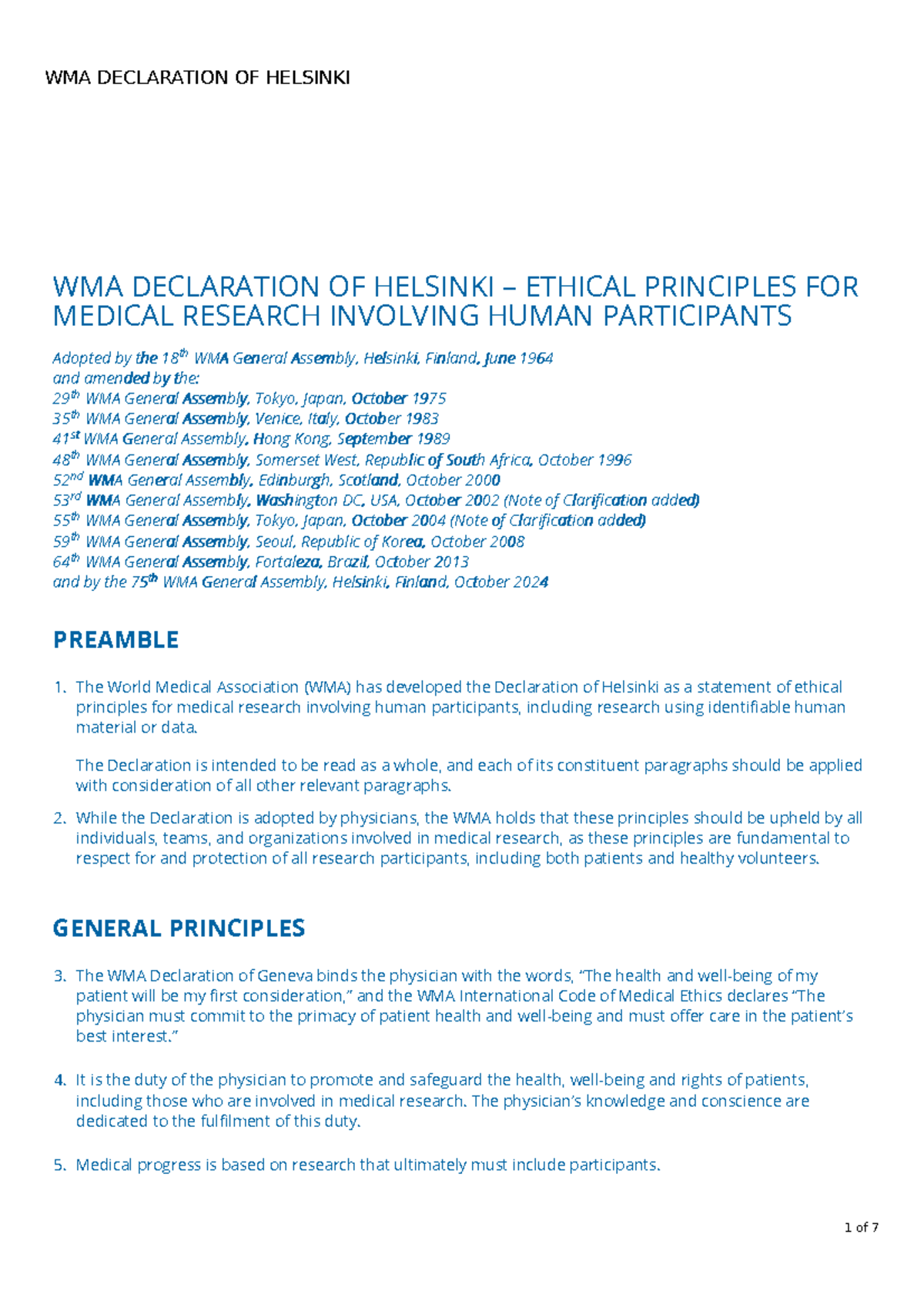 WMA Declaration of Helsinki 2024: Ethical Principles Overview - Studocu