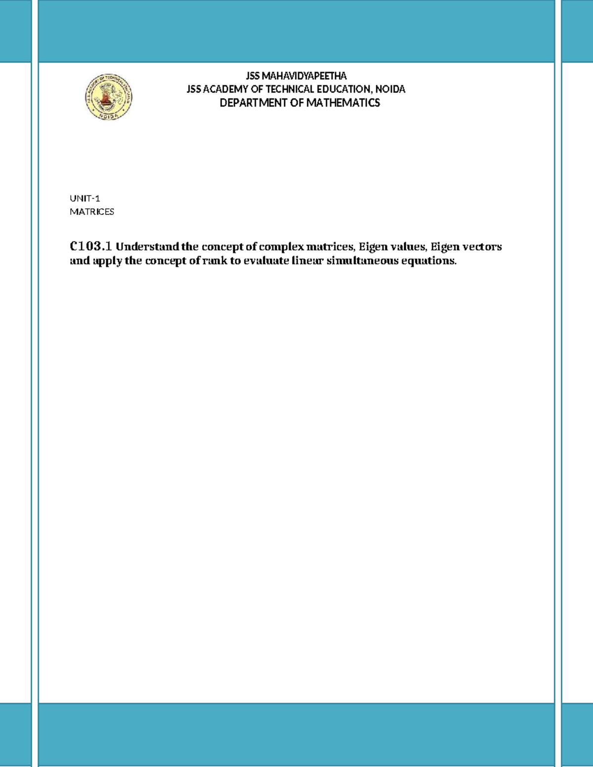 Matrices C103: Complex Matrices, Eigenvalues & Applications - Practice Material - Studocu