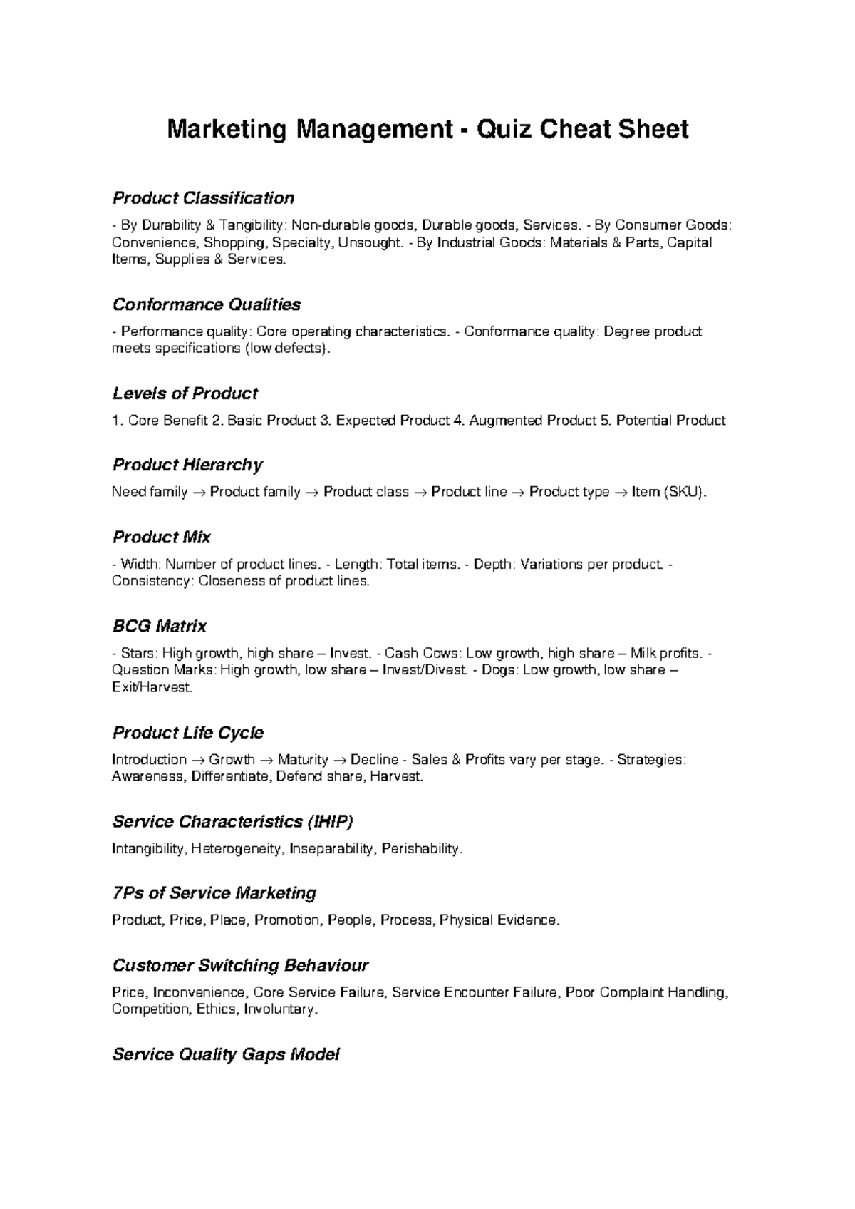 MKT 101 Quiz Cheat Sheet: Product Classification & Strategies - Studocu