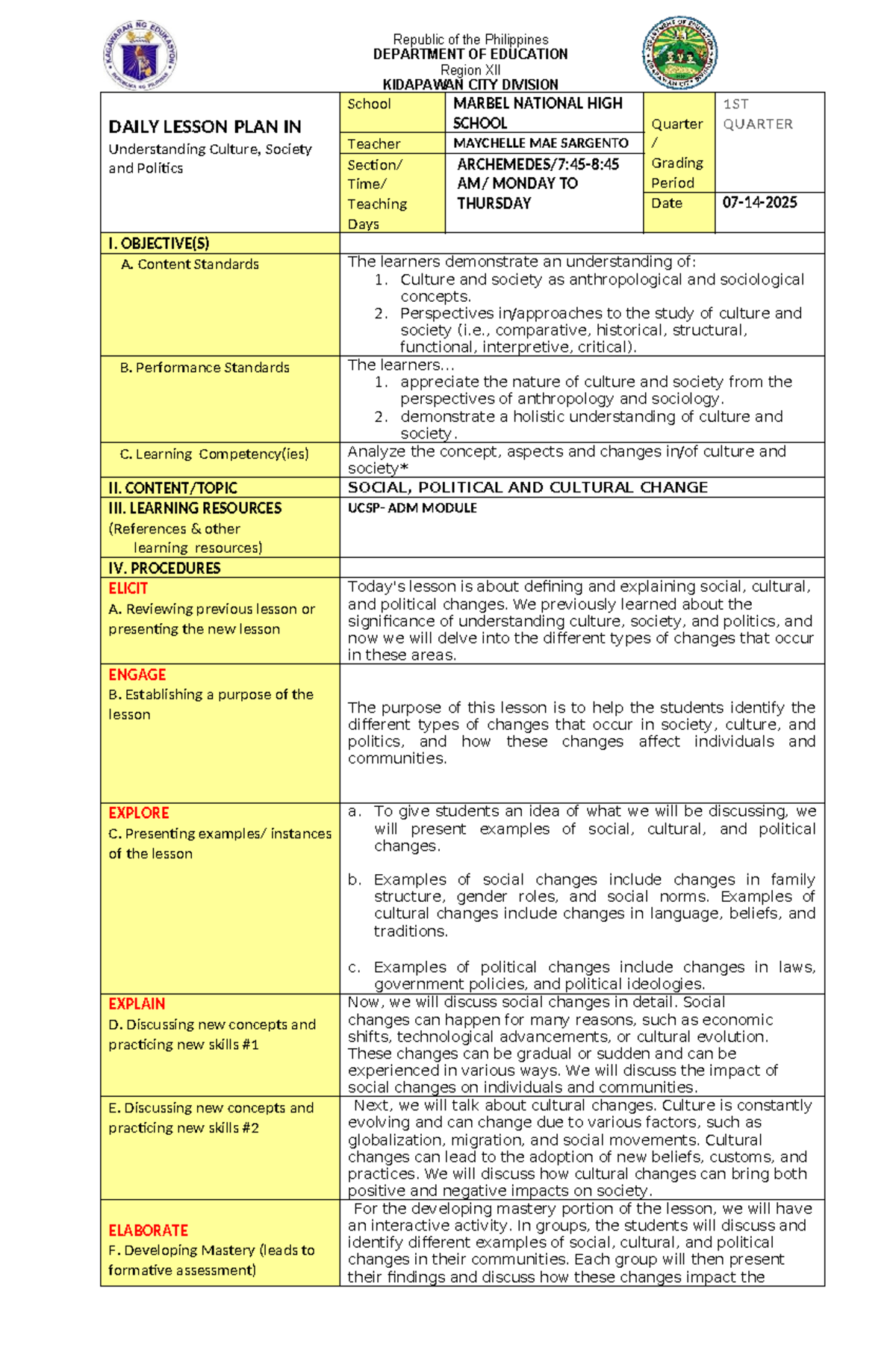 UCSP - Daily Lesson Plan on Social, Cultural, and Political Change ...