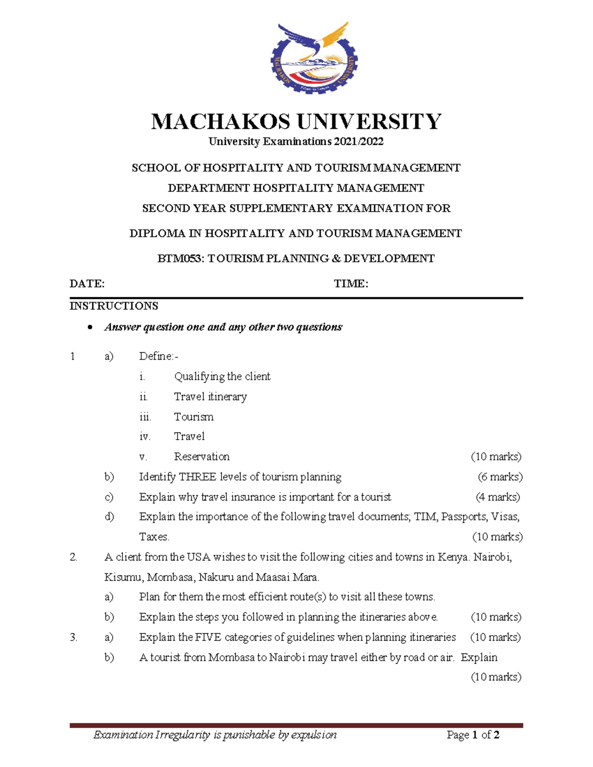 BTM053: Supplementary Exam Notes on Tourism Planning & Development ...