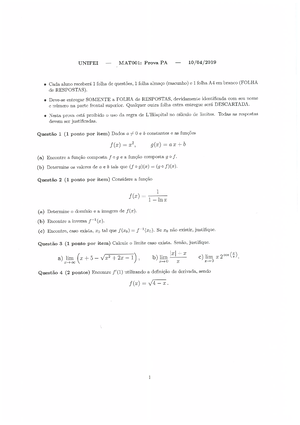 Prova de Cálculo 1 com resolução - Calculo 1 - Studocu