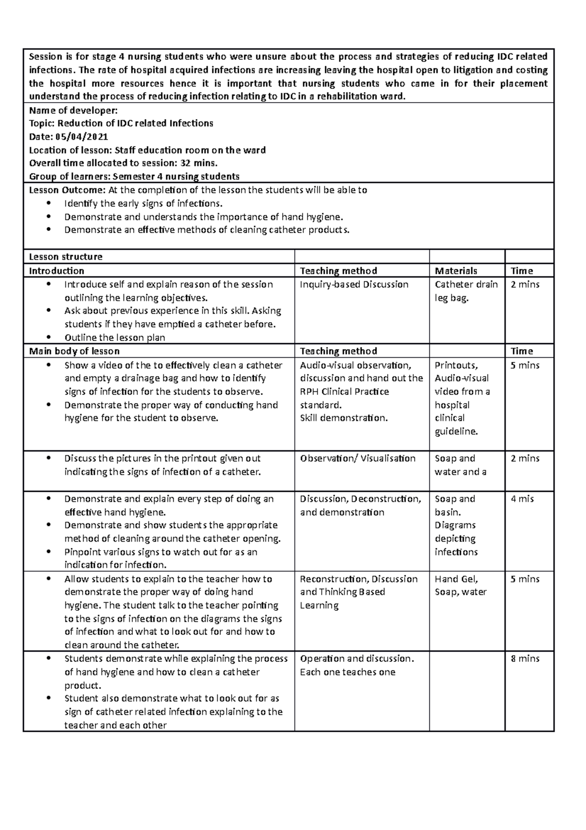 Nursing Lesson Plan: Reducing IDC Infections for Stage 4 Students - Studocu
