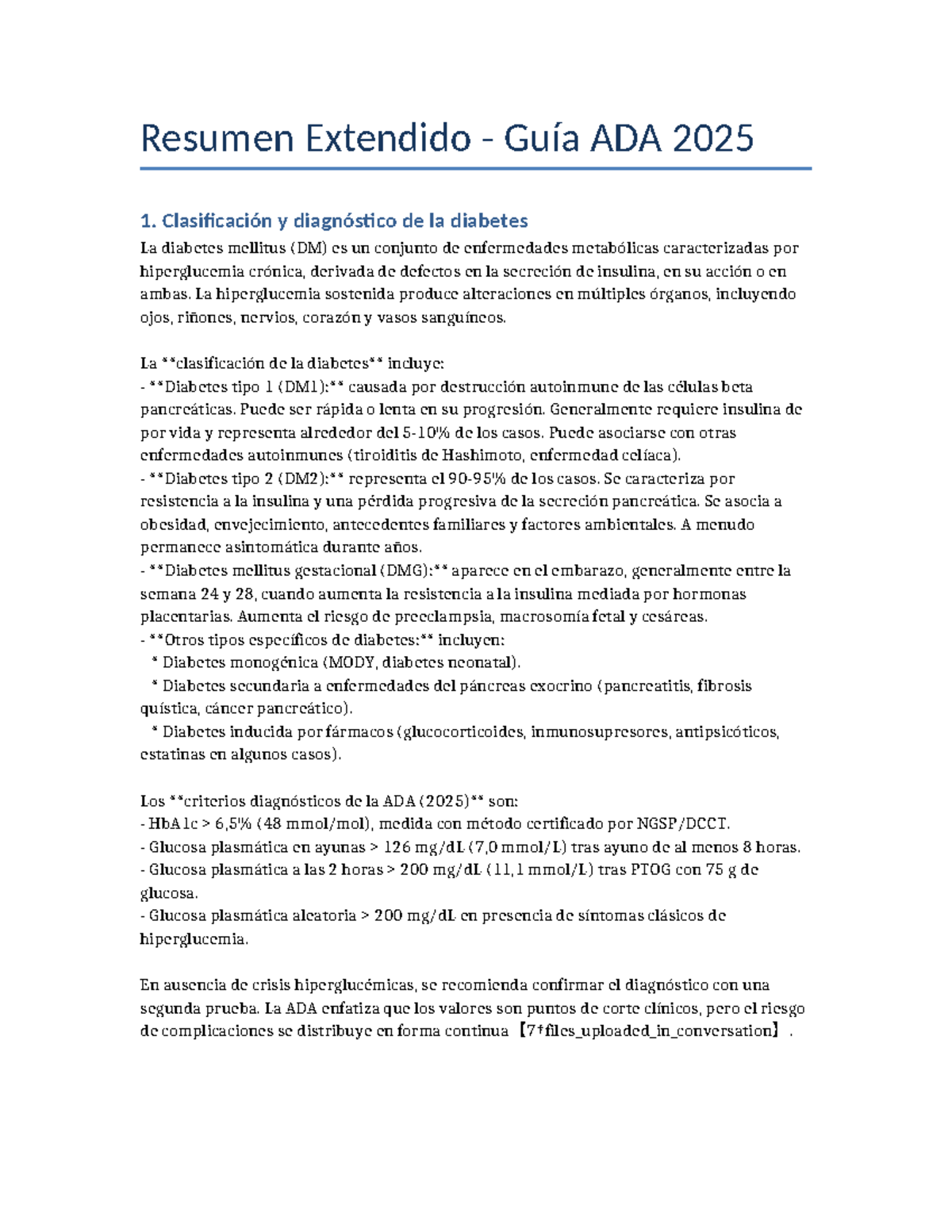 Resumen Extendido Guía ADA 2025: Clasificación y Diagnóstico de ...