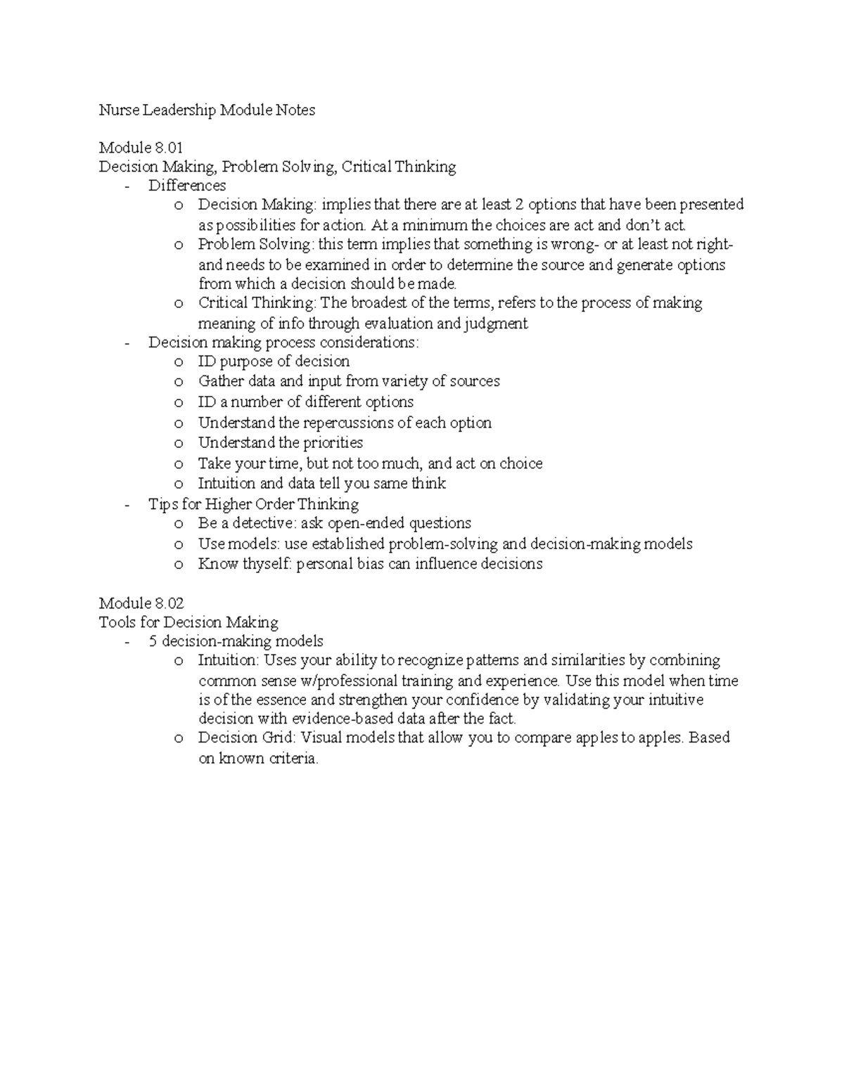 Nurse Leadership Module 8: Decision Making & Budgeting Strategies - Studocu