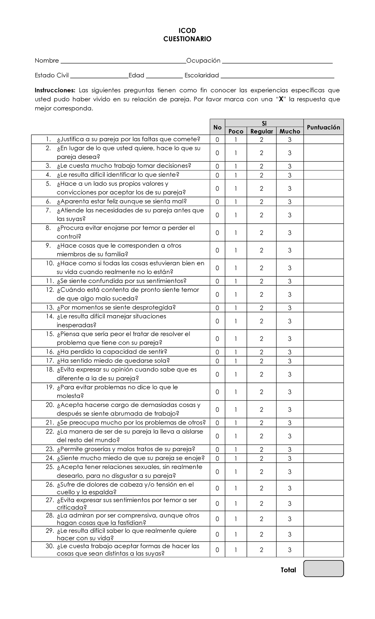 Cuestionario ICOD sobre Relaciones de Pareja - Studocu