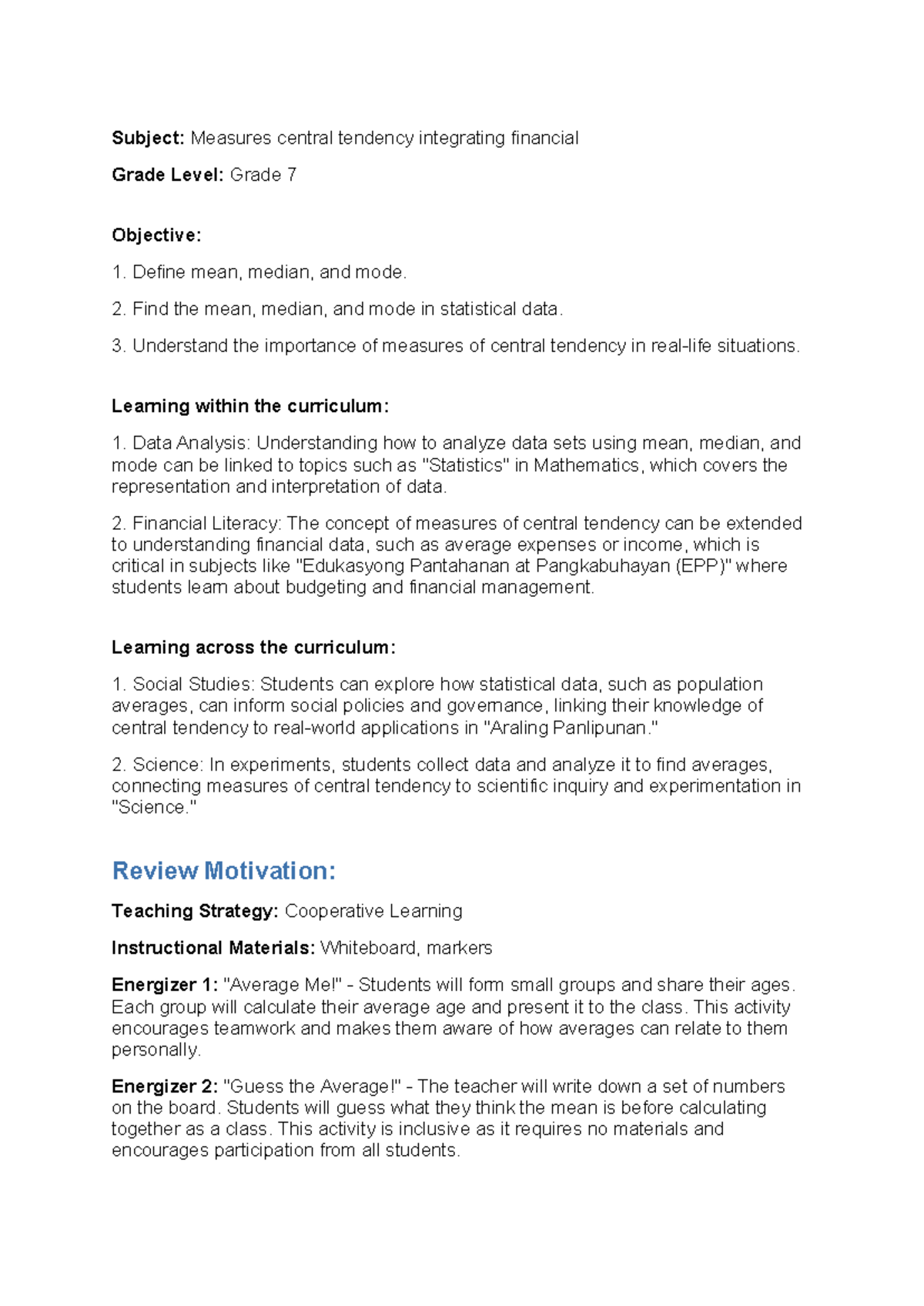Lesson Plan: Understanding Measures of Central Tendency in Grade 7 ...