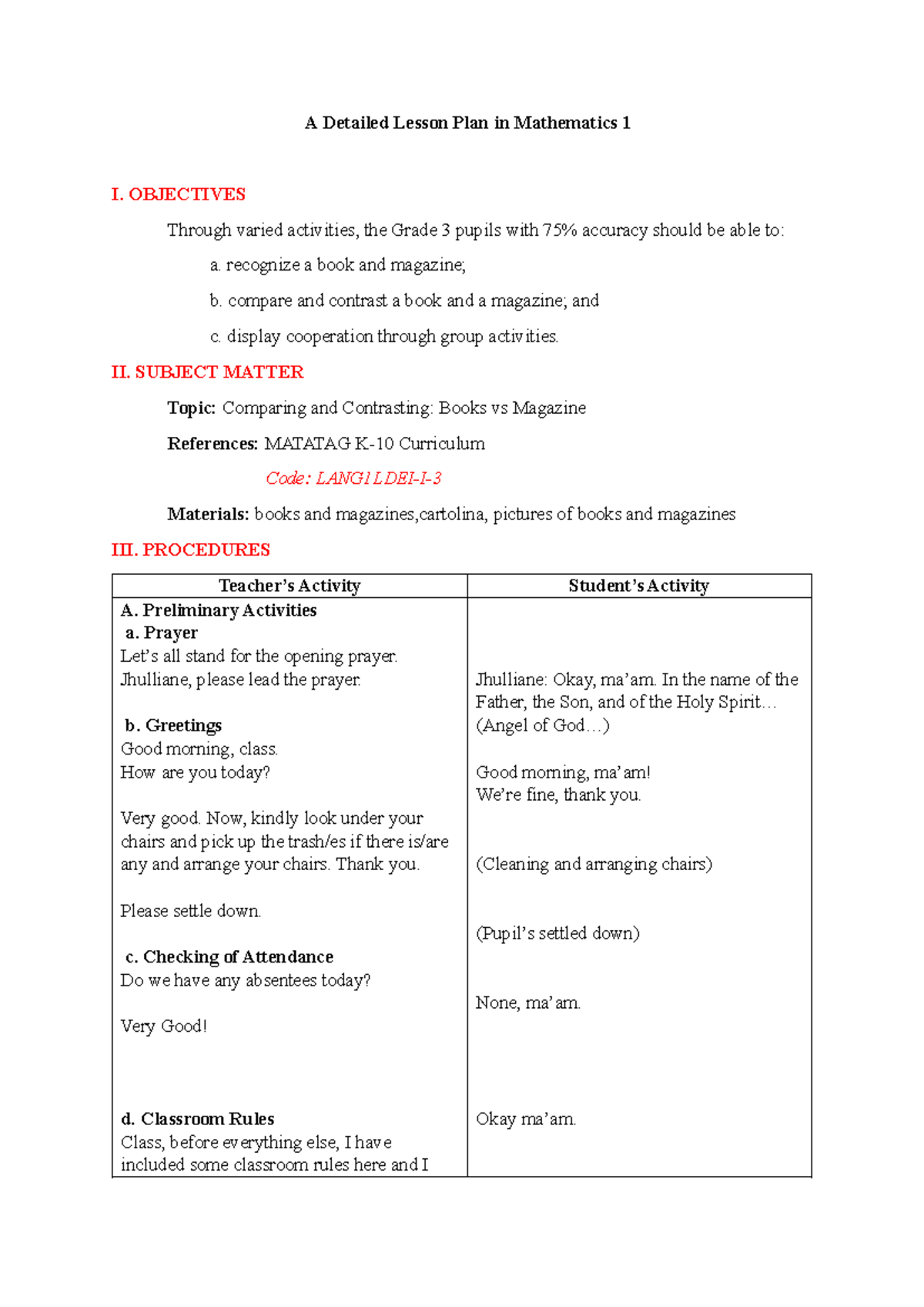LANG1LDEI-I- Detailed Lesson Plan: Comparing Books and Magazines - Studocu