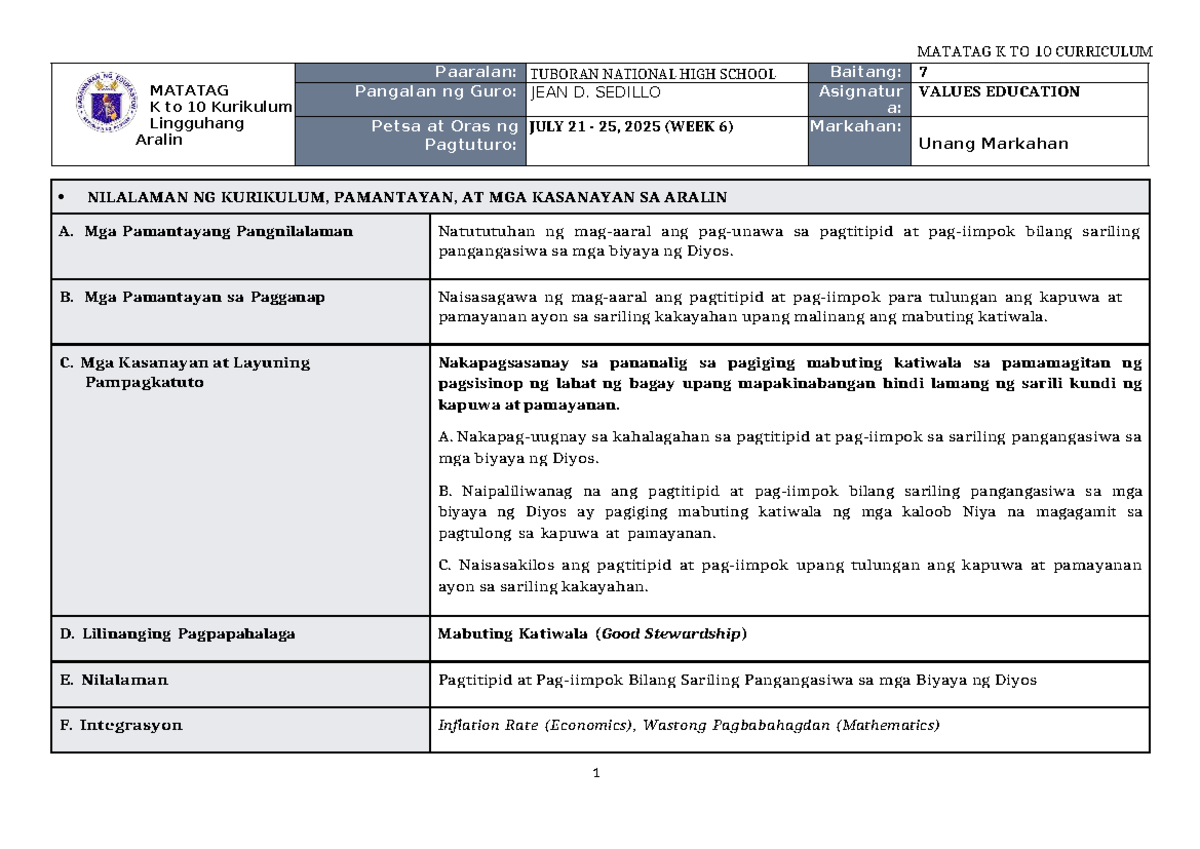 DLL Matatag K to 10 Values Education 7 Week 6 Curriculum Guide - Studocu