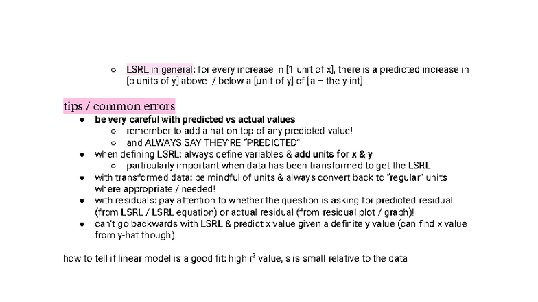 AP Stats Study Guide: Understanding LSRL and Residuals - Studocu