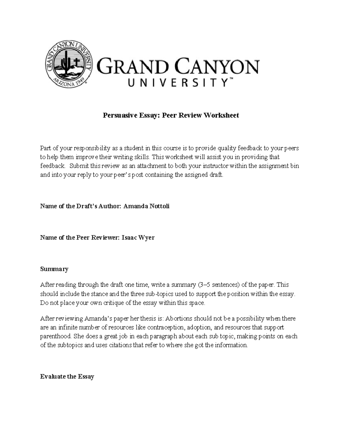 GED3C Persuasive Essay Peer Review Worksheet and Feedback Guide - Studocu