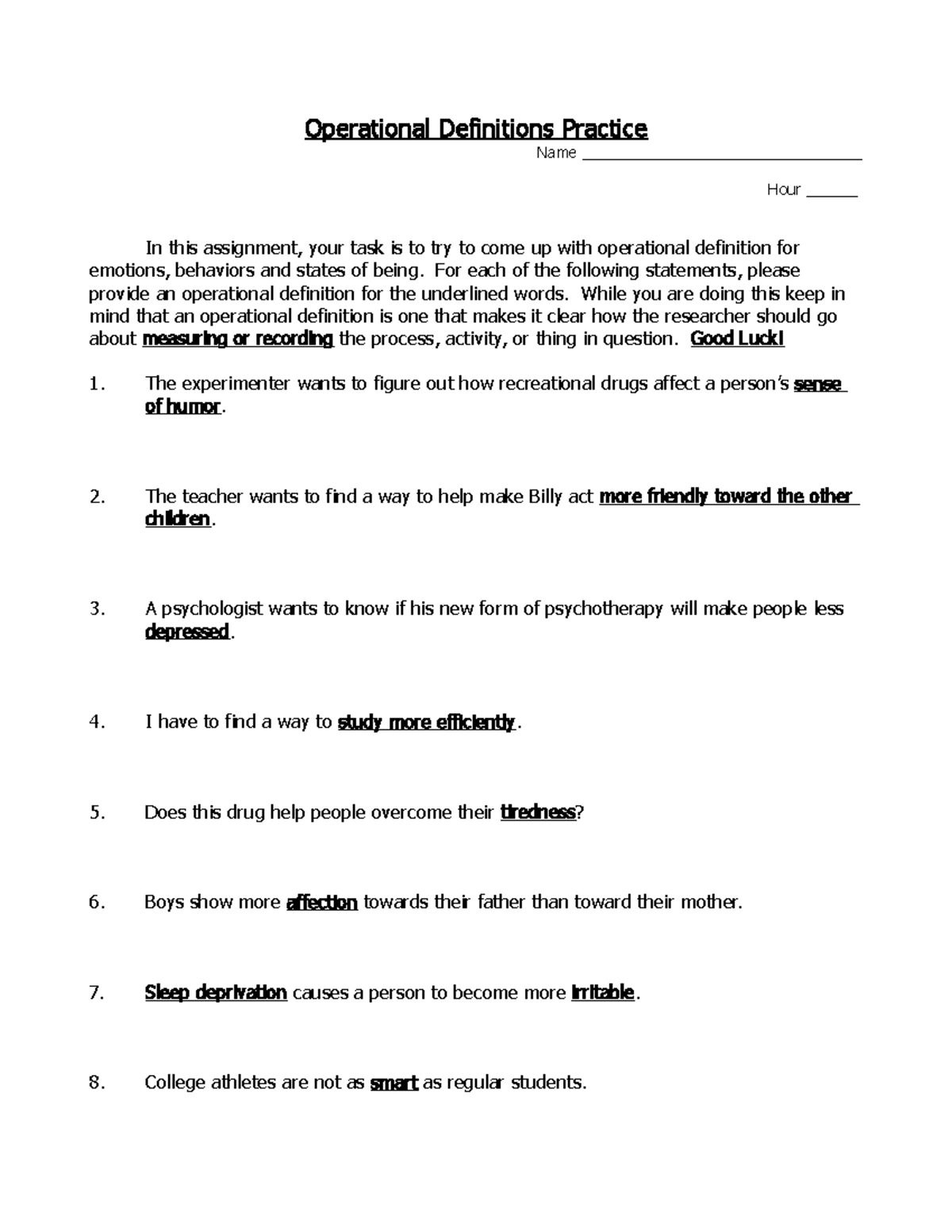 Operational Definitions Worksheet for Measurement Techniques - Studocu