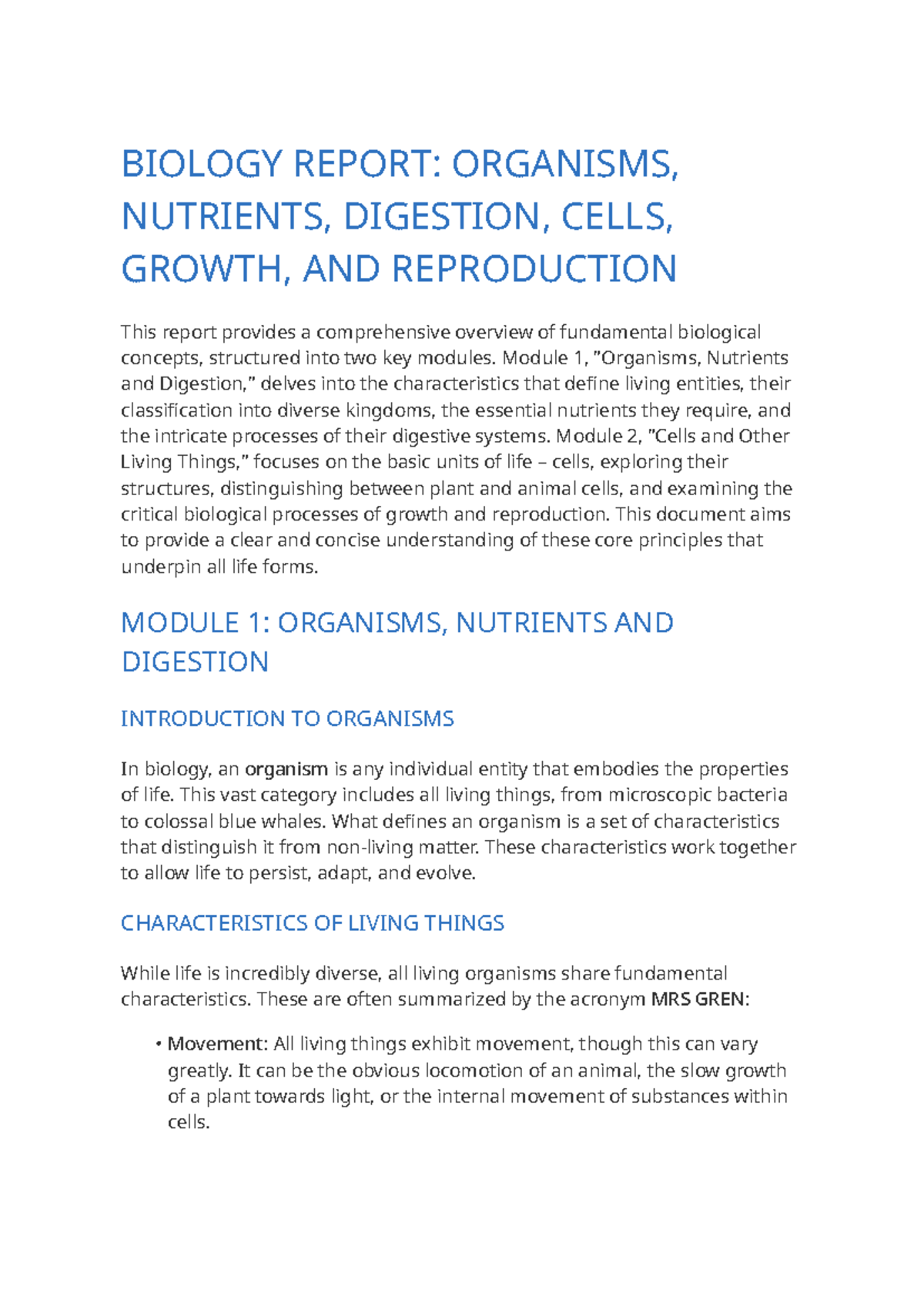 BIO 101: Comprehensive Report on Organisms, Nutrients & Digestion - Studocu
