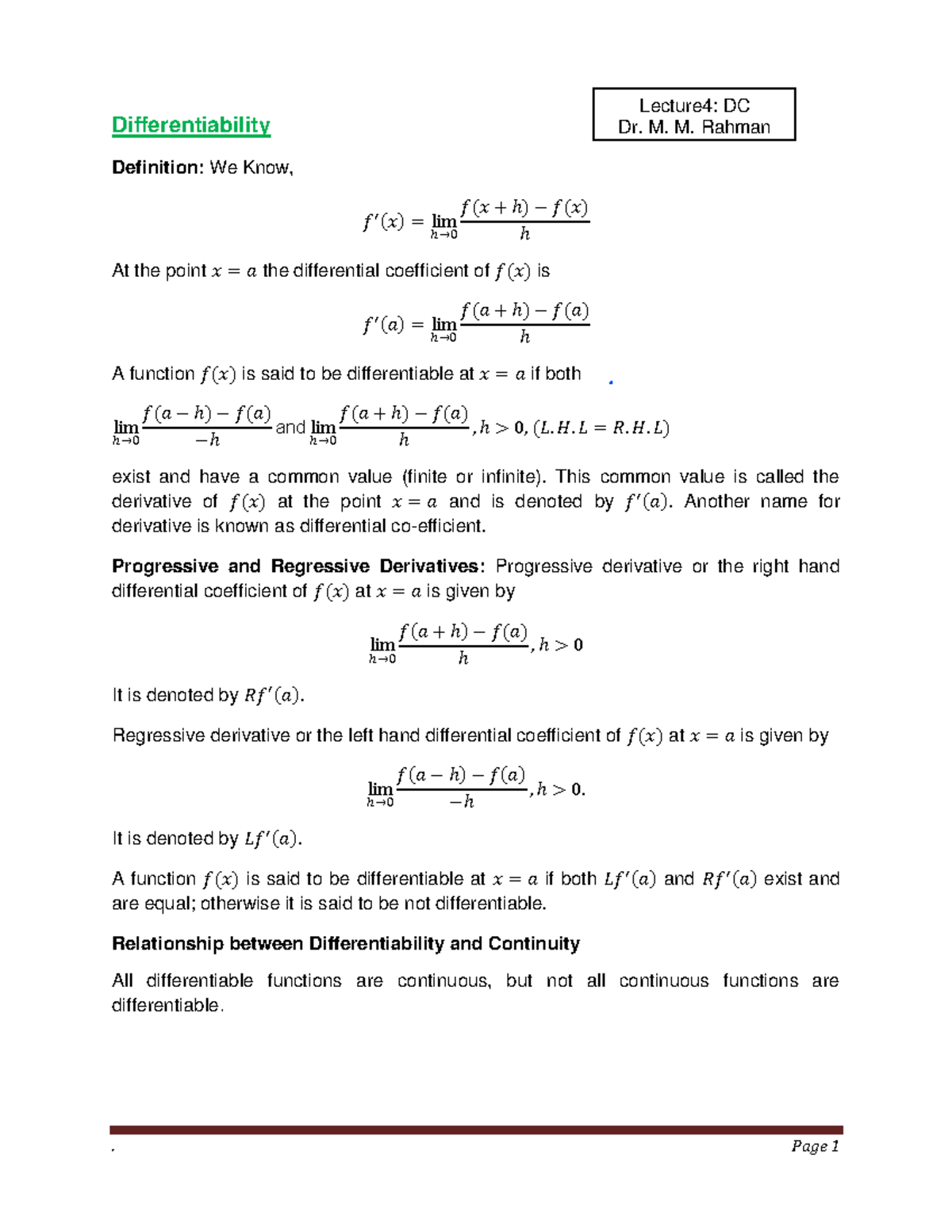Lecture 04: Differentiability Concepts in DC - Dr. M. M. Rahman - Studocu
