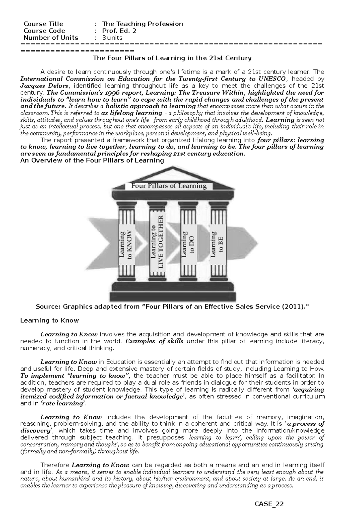 Four Pillars of Learning in 21st Century - Prof. Ed. 2 Overview - Studocu