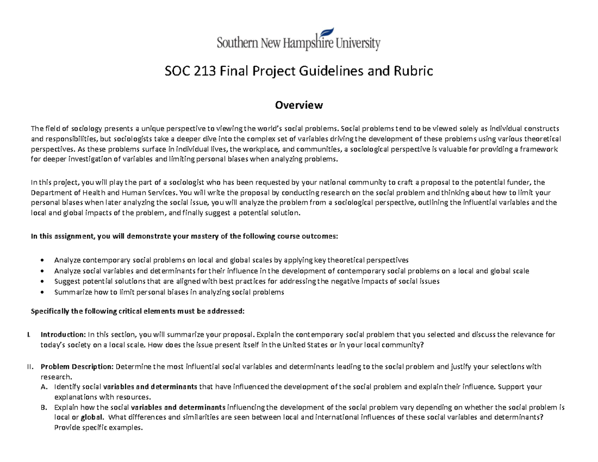 SOC 213 Final Project Guidelines and Rubric - Social problems tend to ...