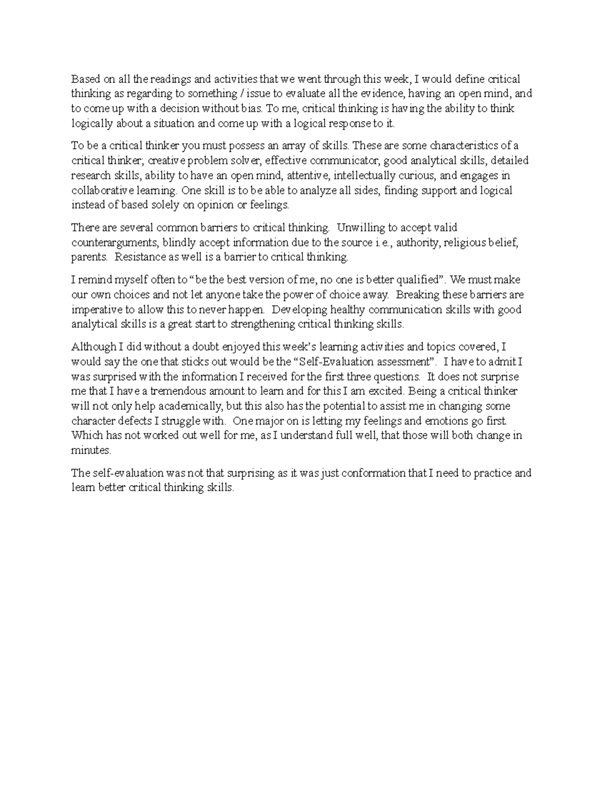 Critical Thinking Reflections: Discussion Week 1 Insights - Studocu