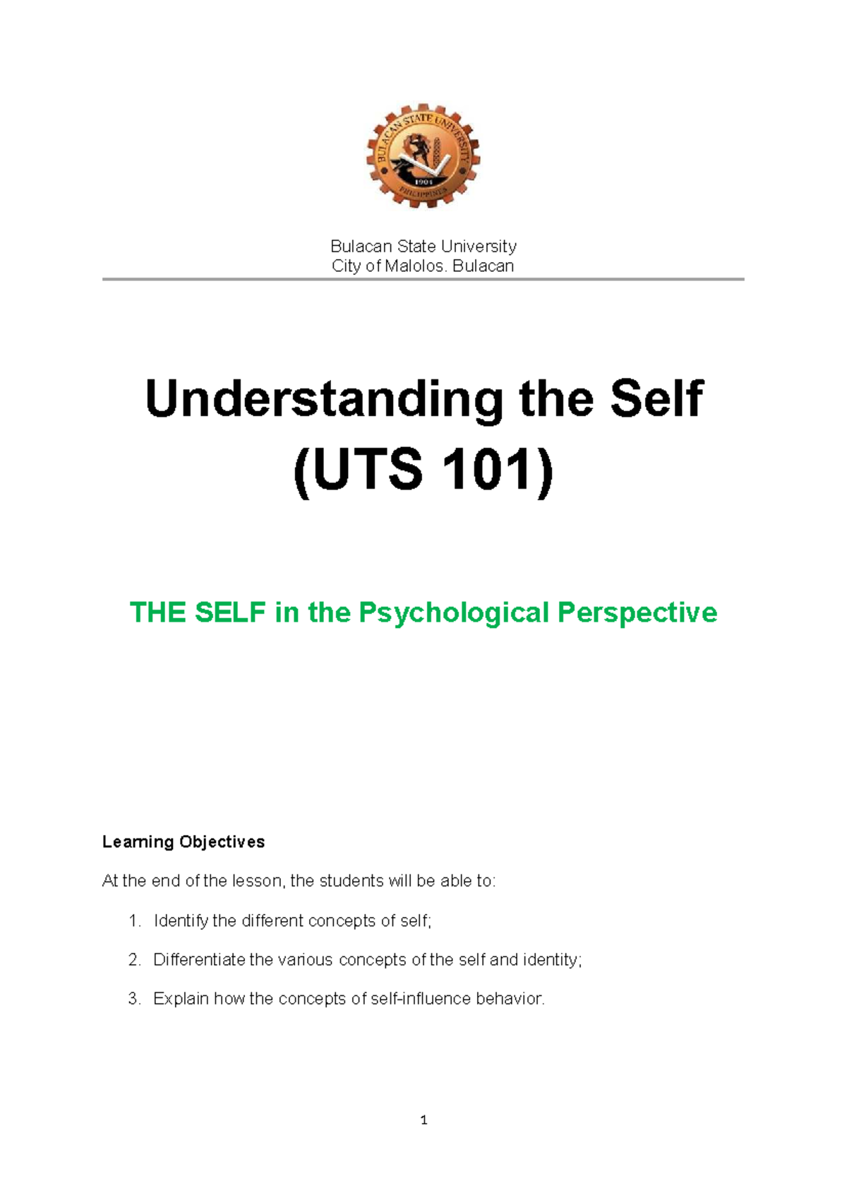 Understanding the Self: Psychological Perspectives (UTS 101) - Studocu