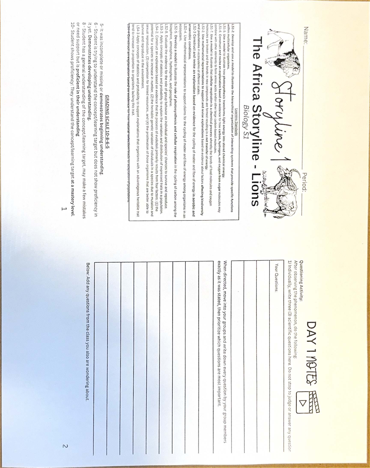Biology S1 Day 1 Notes: Questioning Activity & Learning Standards - Studocu